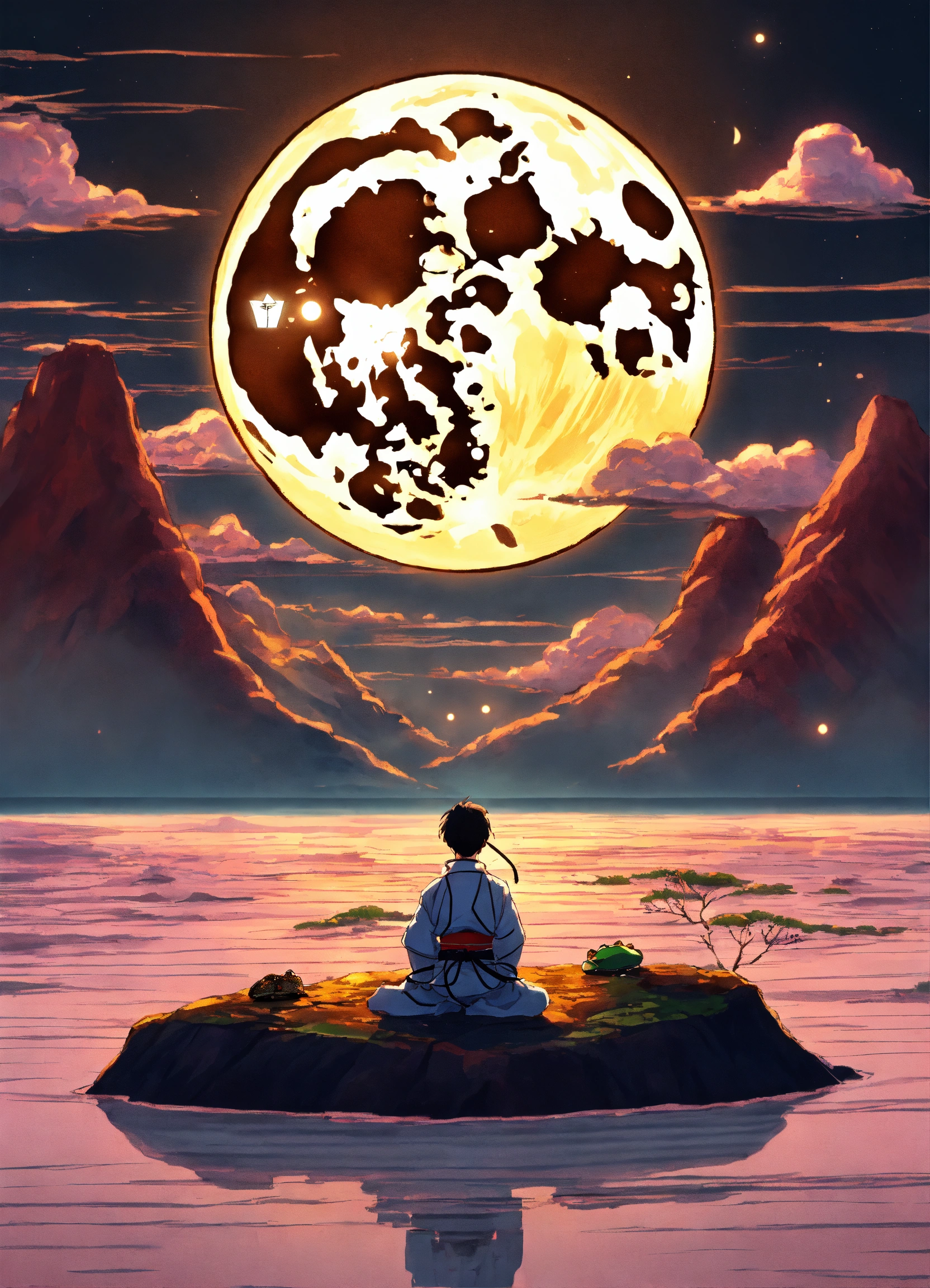 Lexica - A photograph anime moon floating with a face in meditation ...