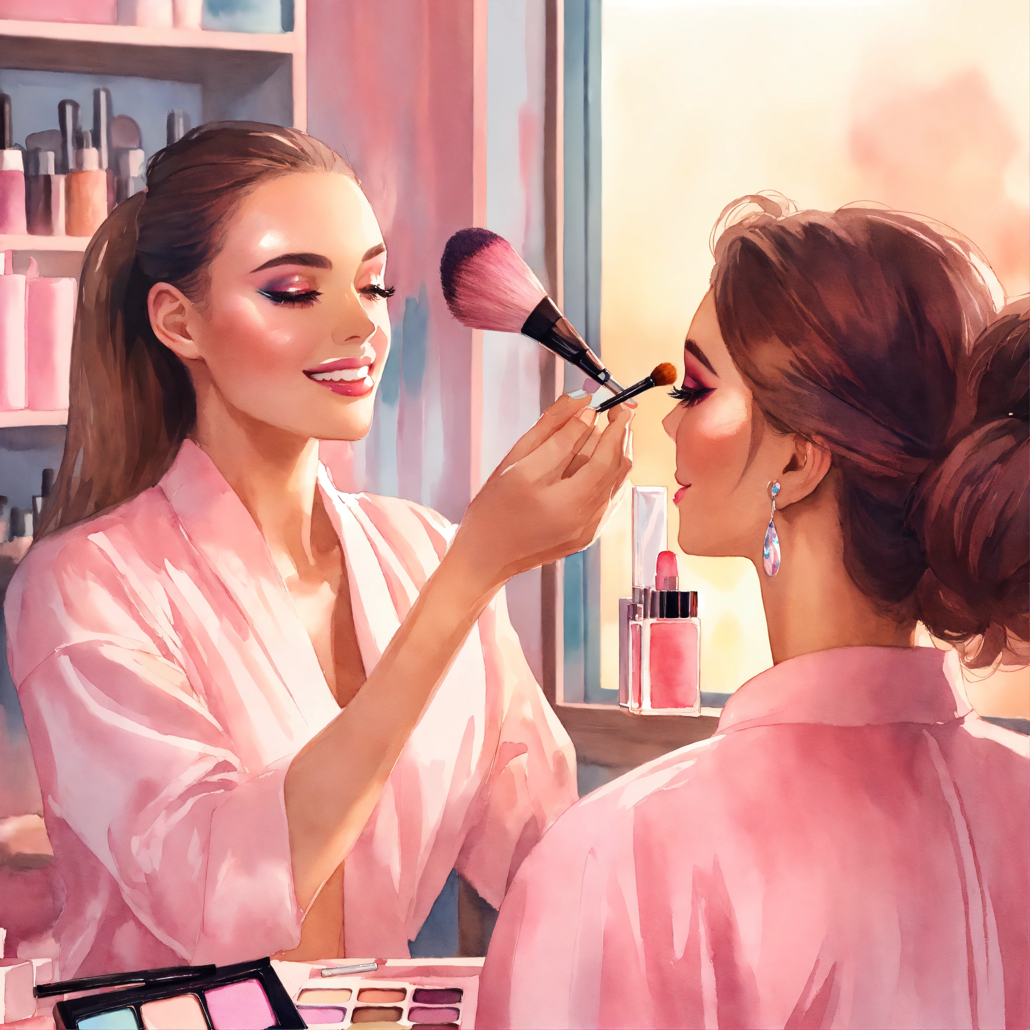 Lexica - A beautiful makeup artist puts on makeup a beautiful client ...