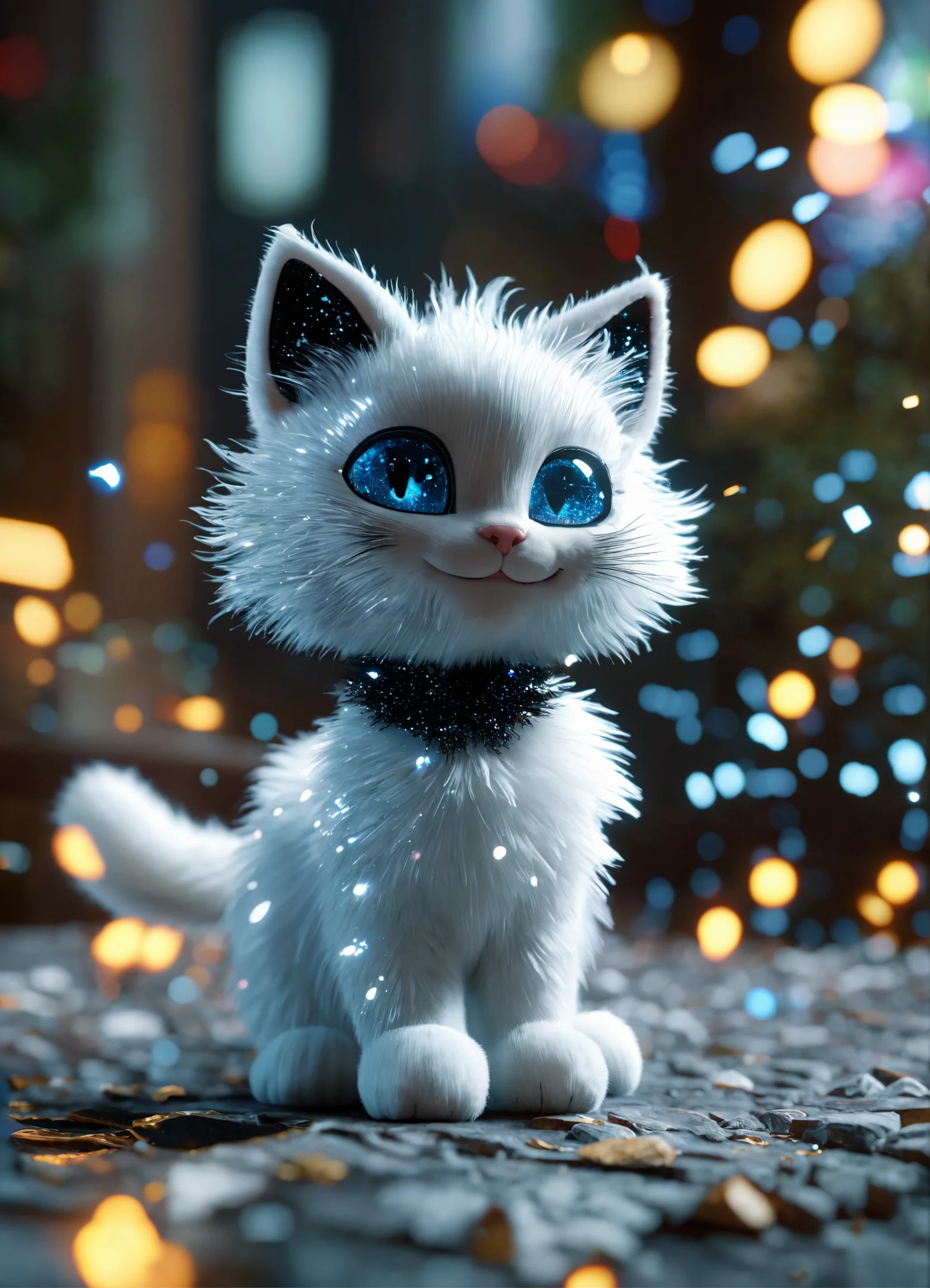 Lexica - , kind fluffy white cat with shiny black hair in glitter and ...