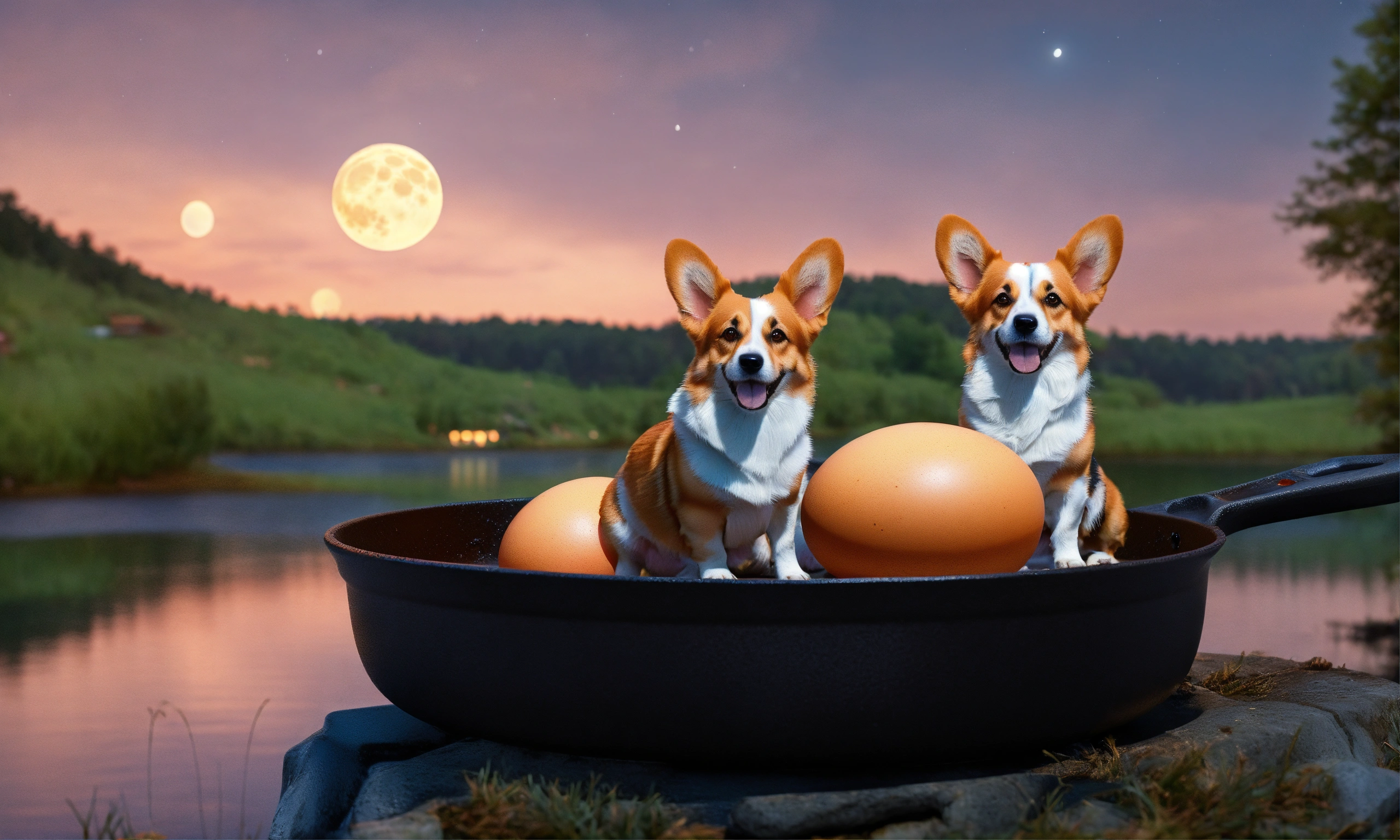 Lexica - 3D image of 2 corgi dogs frying a giant egg in a giant cast ...