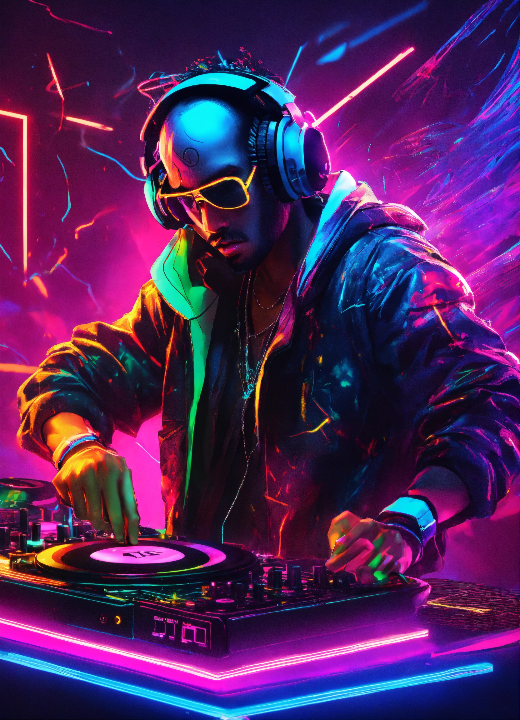 Lexica - A epic DJ character with chaotic elements and dramatic neon ...