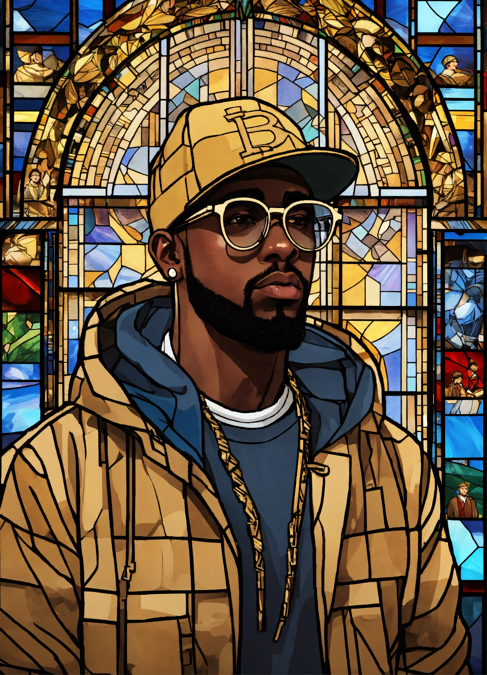 Lexica - HD, 4K, Background is a stained glass with images in the ...