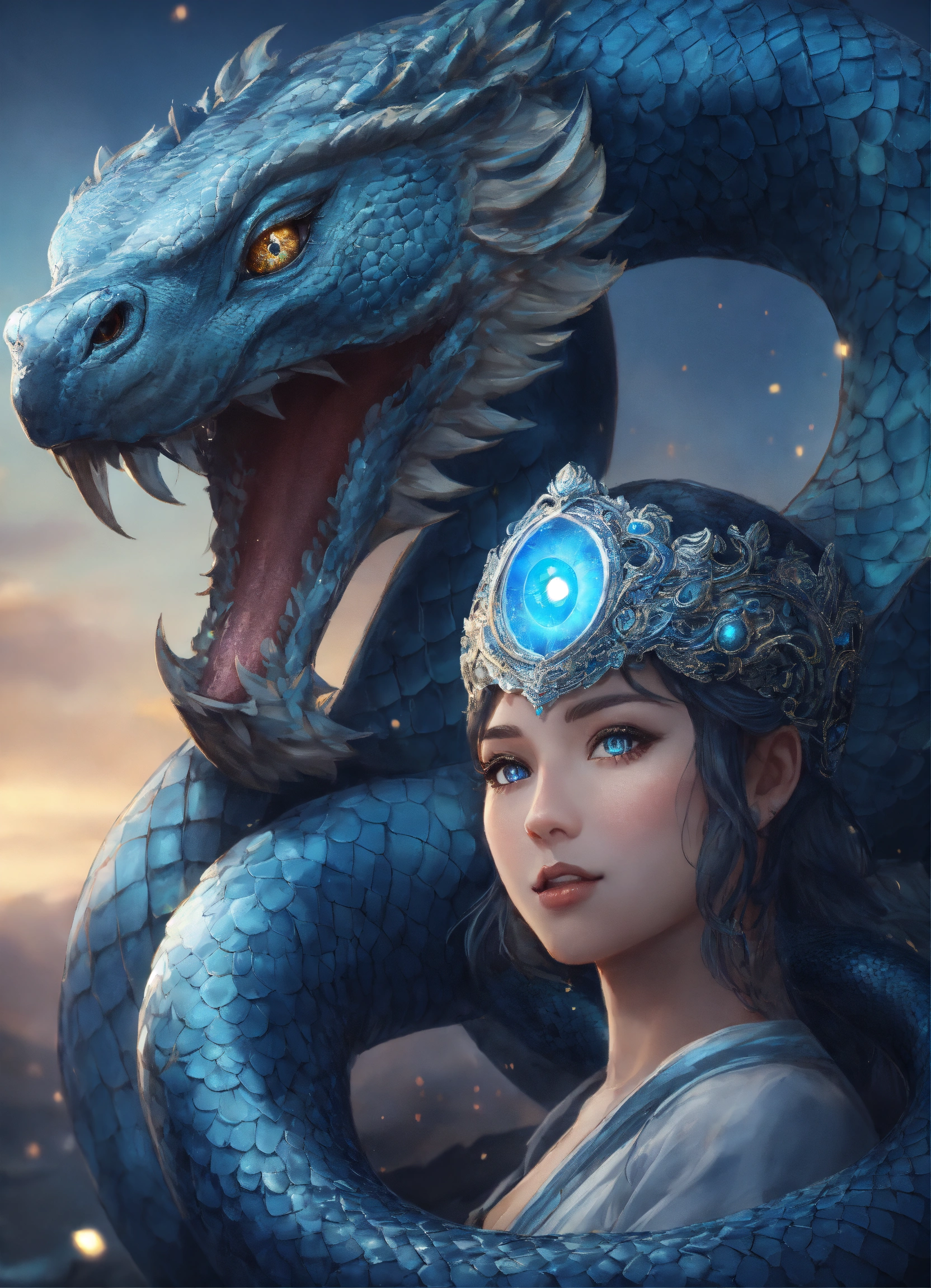 Lexica - A giant serpent in blue and silver with adorable chibi ...