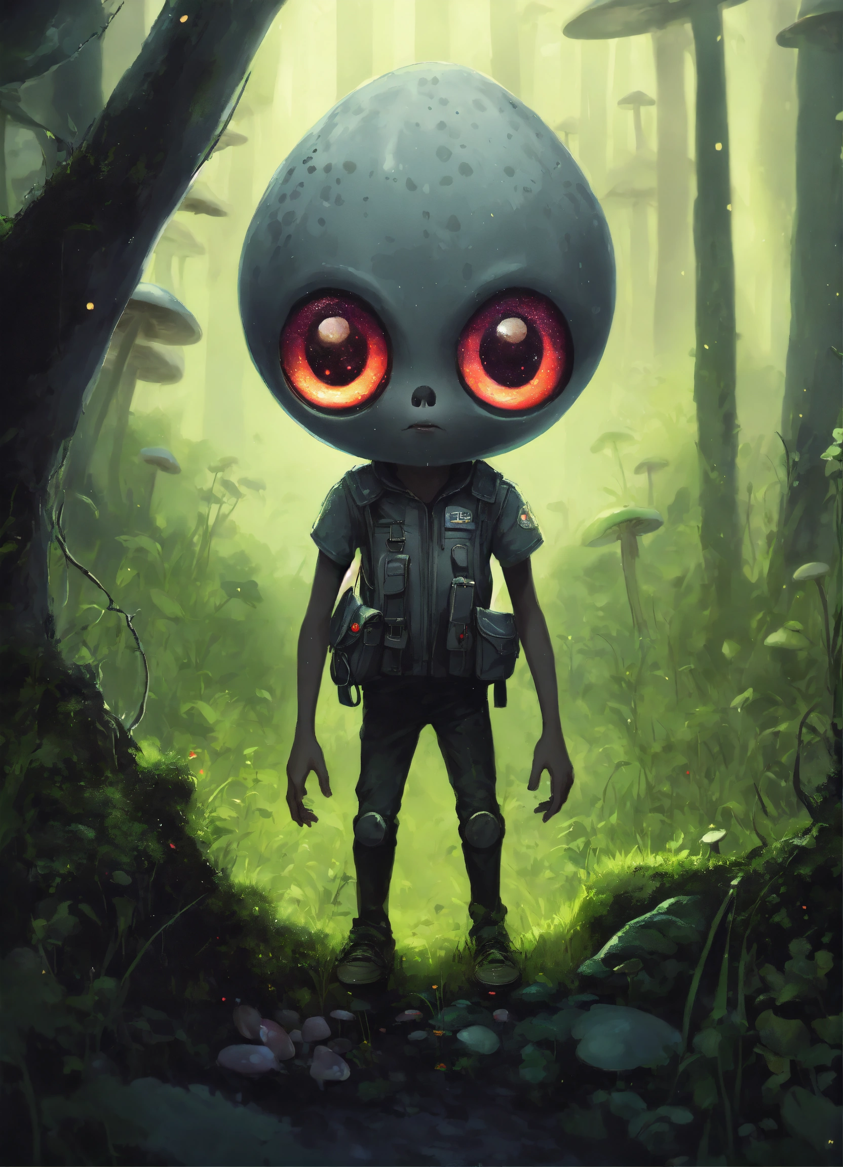Lexica - A grey alien , big eyes blacks , like a globin, mushrooms ...
