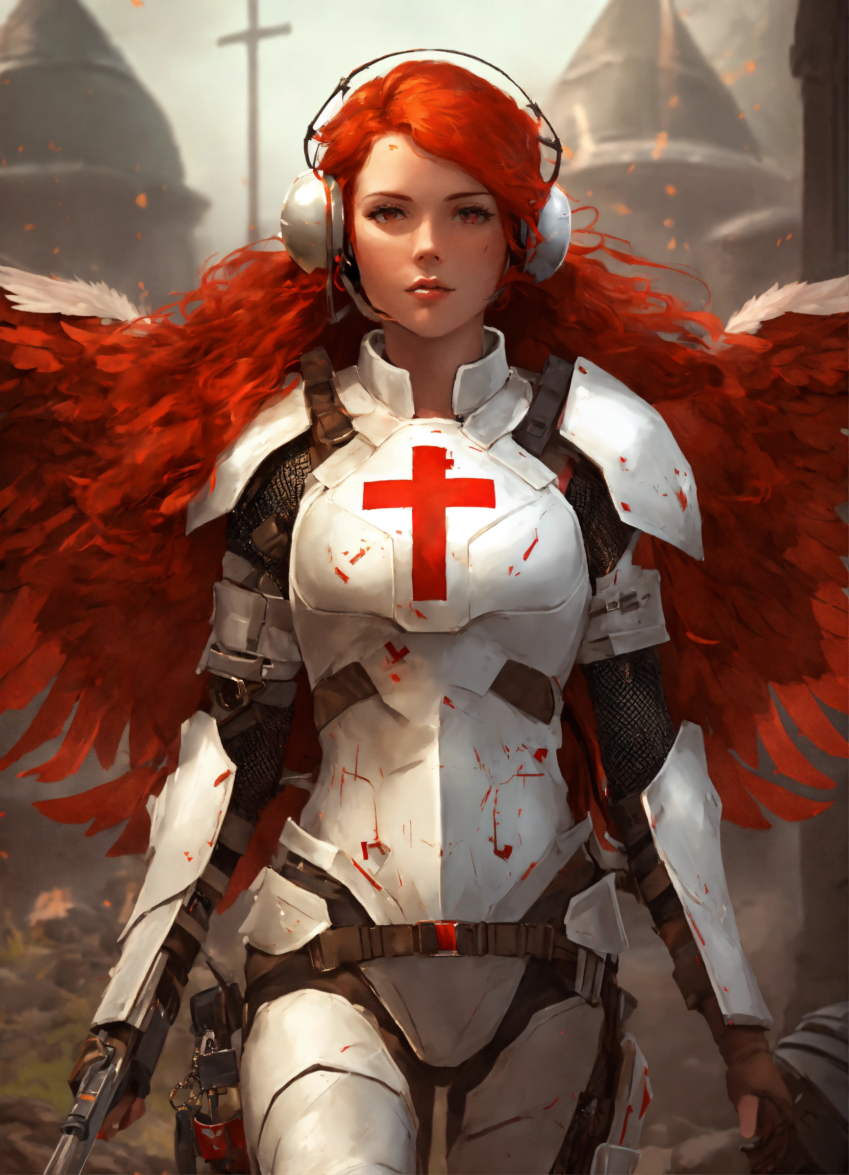Lexica - Female athletic red hair wearing white metal armor with red ...