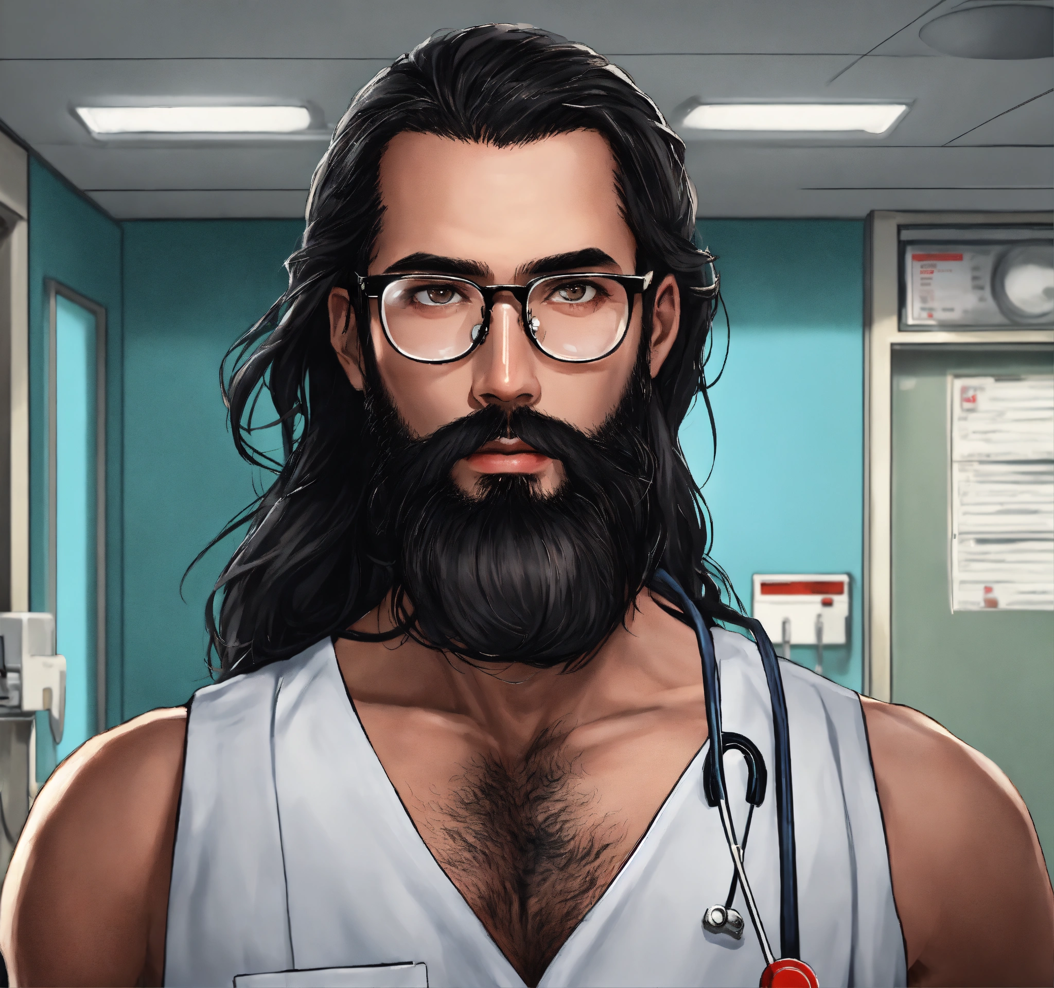 Lexica - Hospital nurse man skinny and tall with black long hair and ...