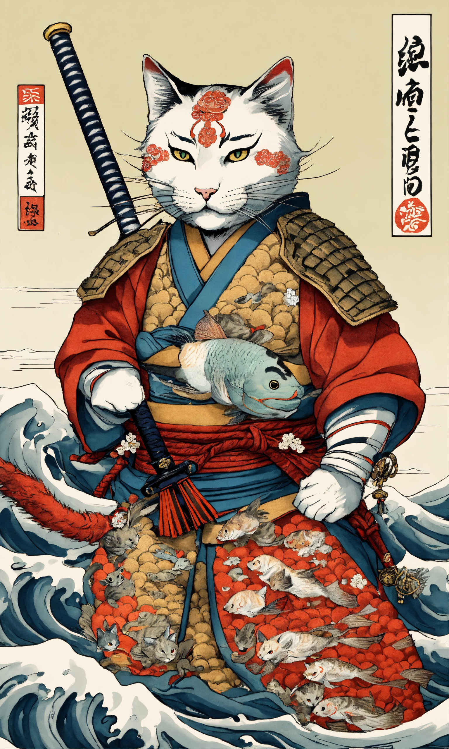 Lexica - There is a cat with a fish and a sword on a white background ...