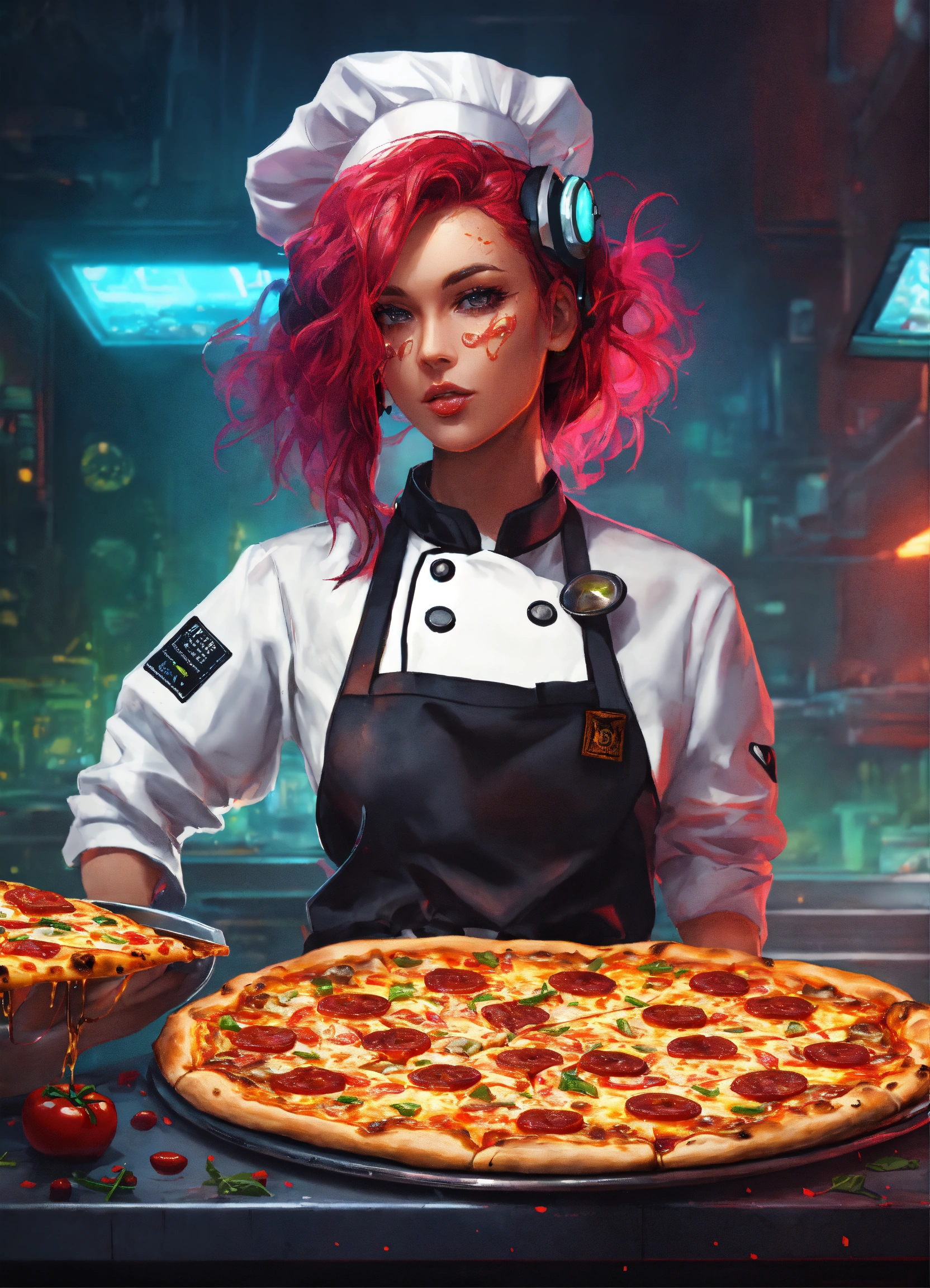 Lexica - Female chef with pizza cyber punk tech