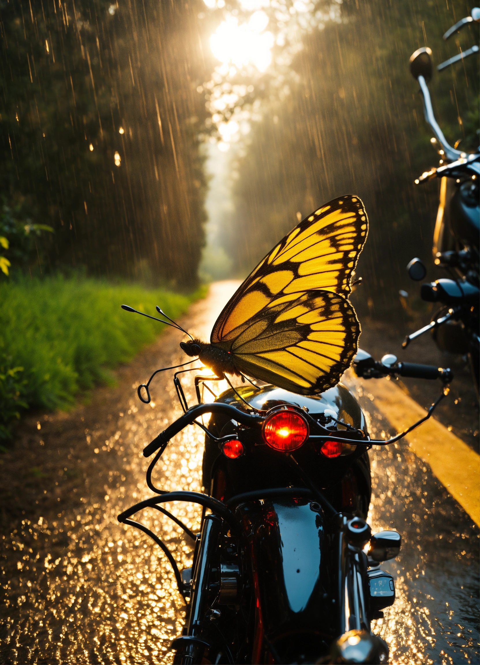 Lexica - Butterfly on motorcycle, backlight golden and heavy rain, near ...