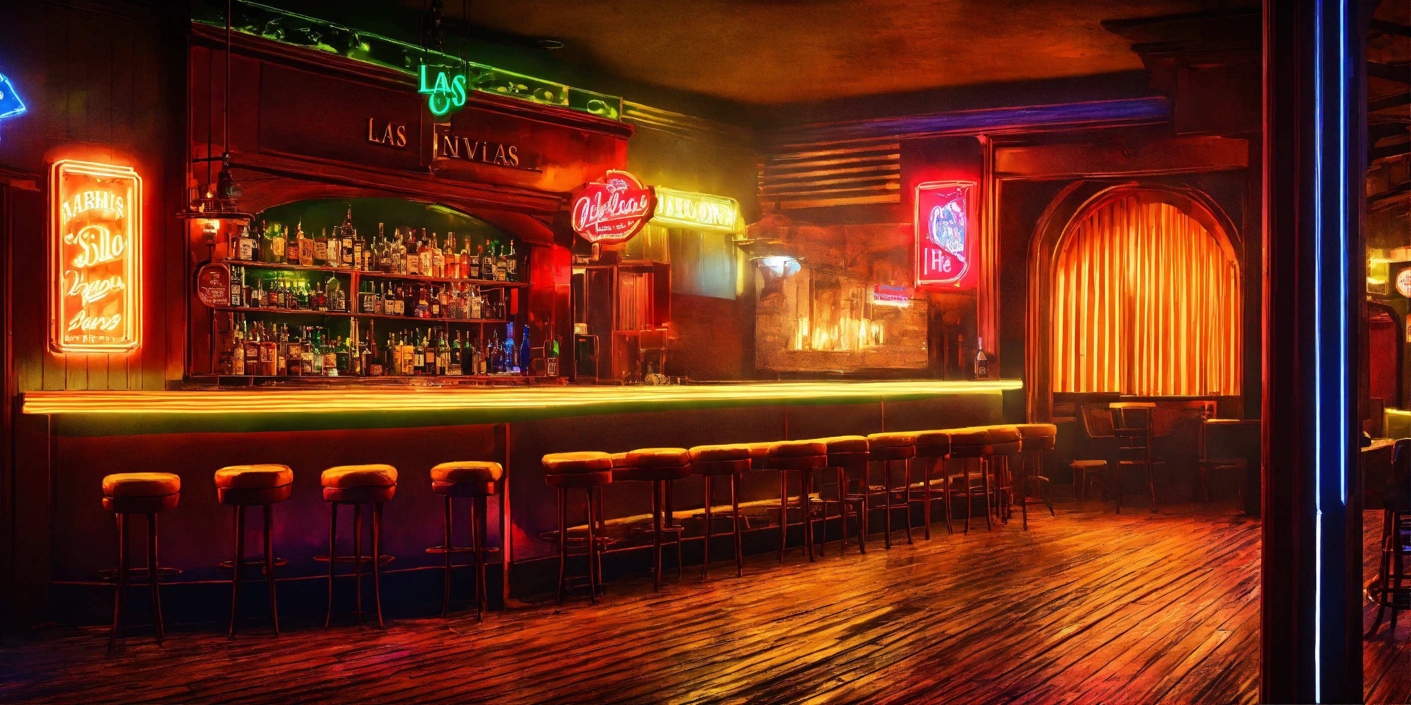 Lexica - Old saloon, bar, neon lights, perspective, deep room, Las ...