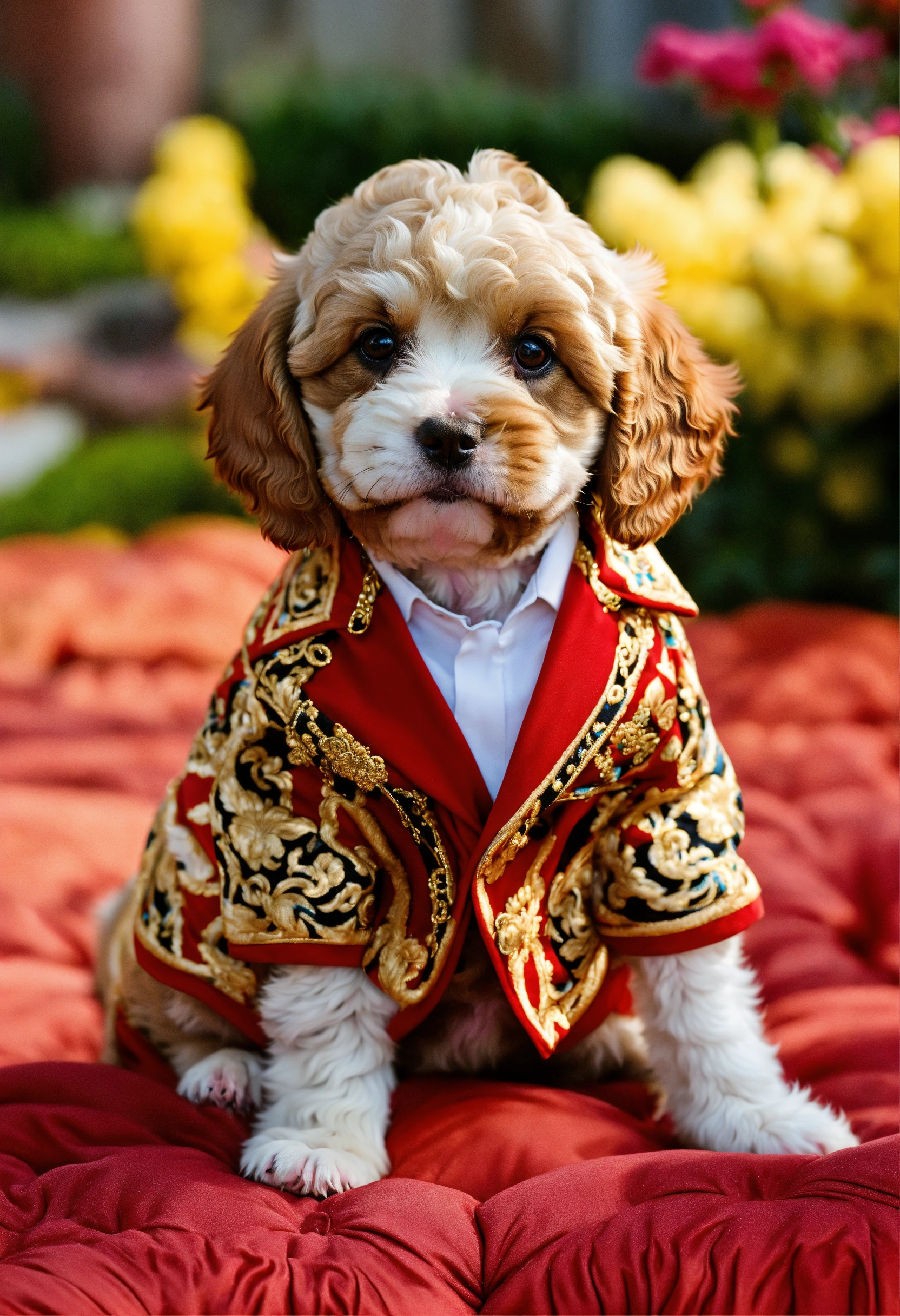 Lexica - 2 Cockapoo snow white puppies wear Versace suits.