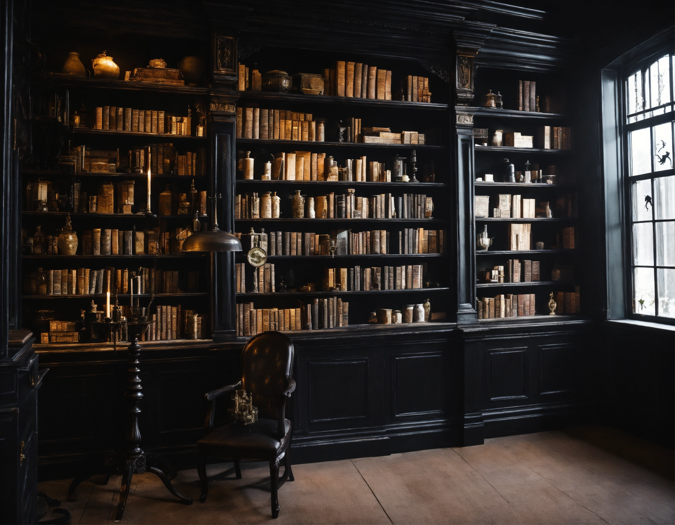 Lexica - Interior design, black everything, with a large bookshelf ...