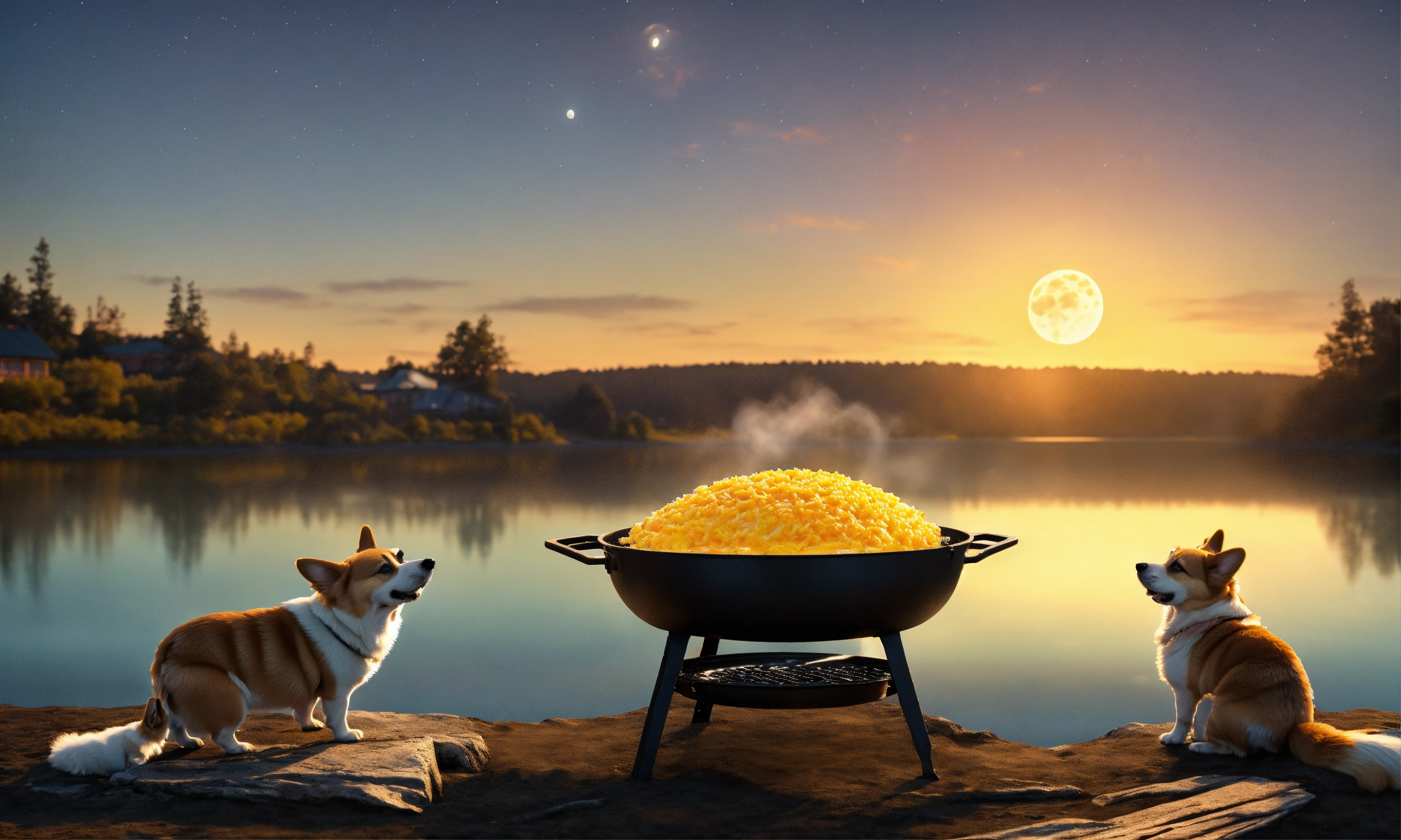 Lexica - 3D image of 2 corgi dogs frying a giant egg in a giant cast ...
