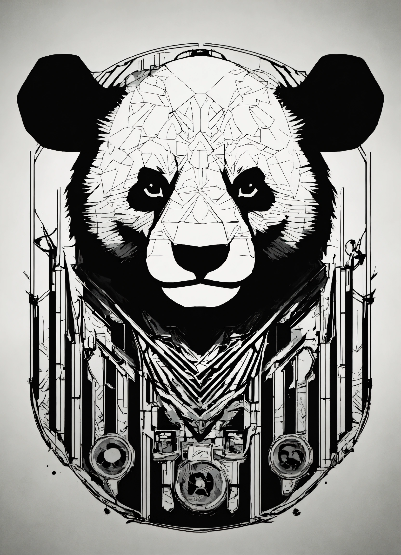 Lexica - Demon panda, black and white, stencil logo simple lines
