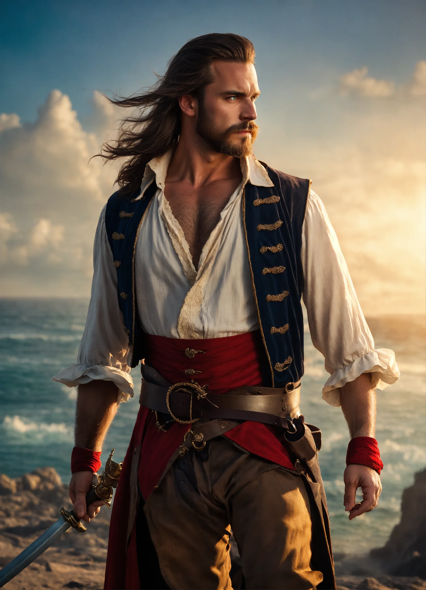 Lexica - Holding a rapier an adult male pirate with long swept back ...