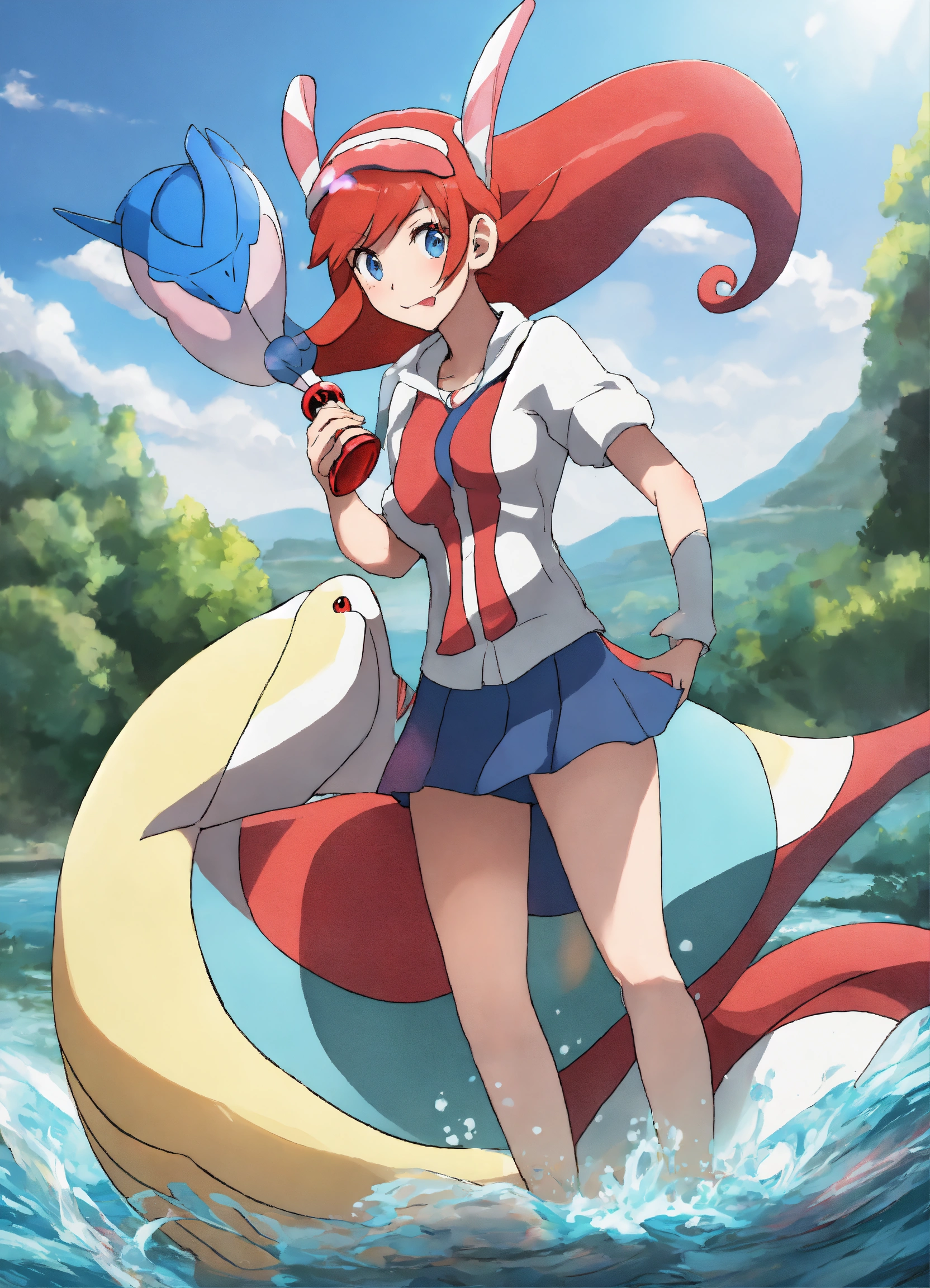 Lexica - Female redhead pokemon trainer riding milotic in a river