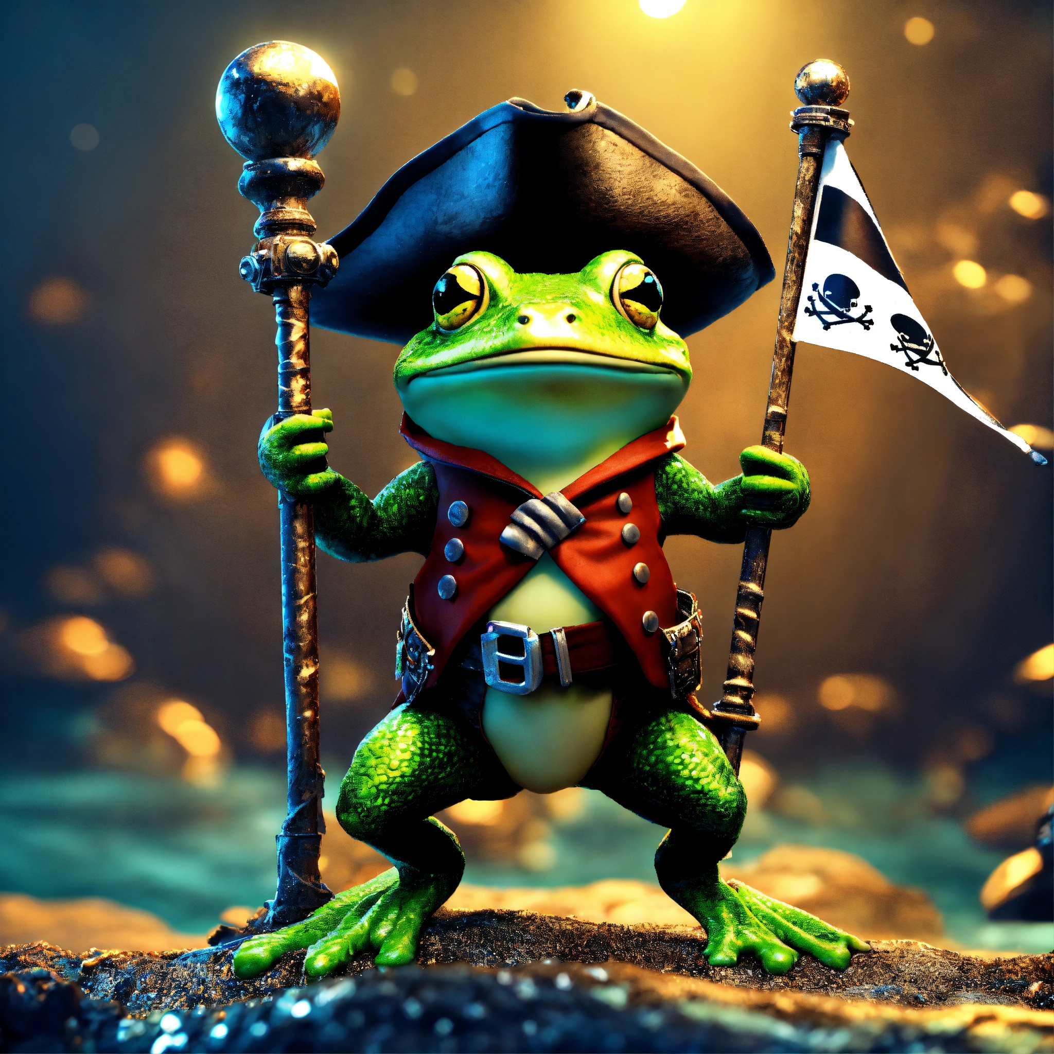 Lexica - Pirate frog, wearing a pirate hat, holding a pirate flag ...