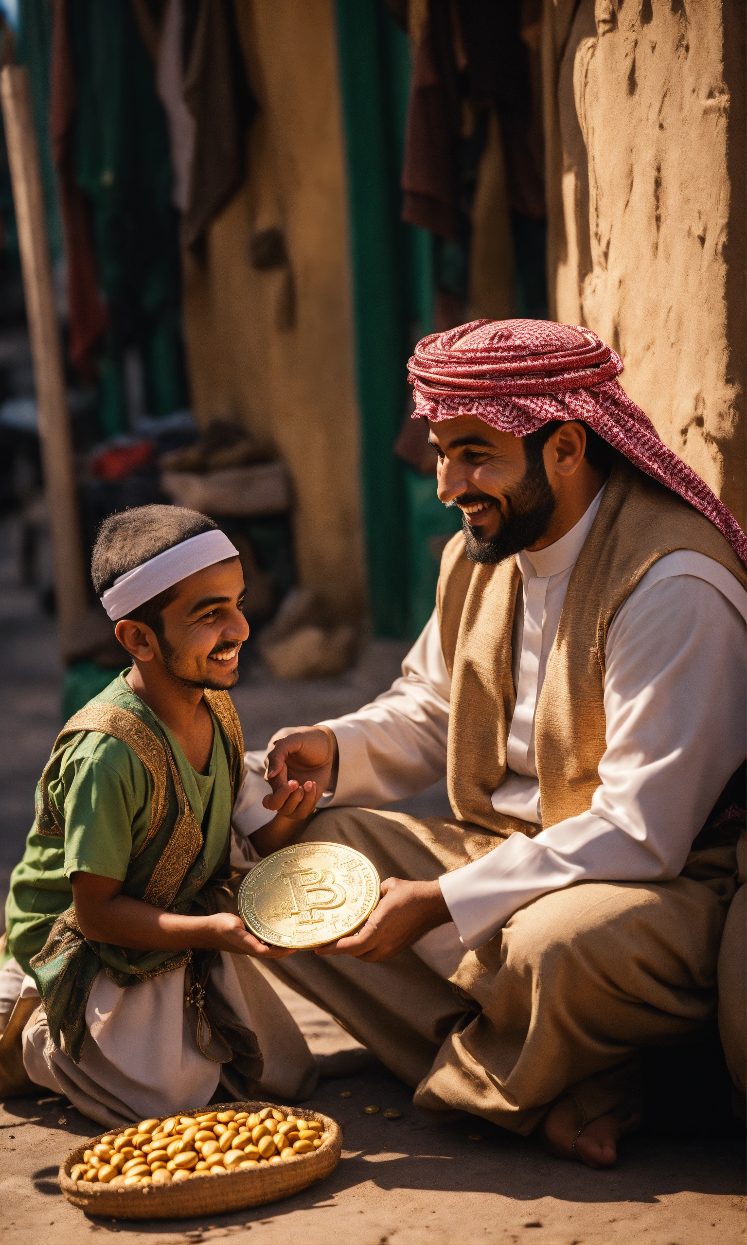 Lexica - A smiling plump arab merchant, giving money to his son ...
