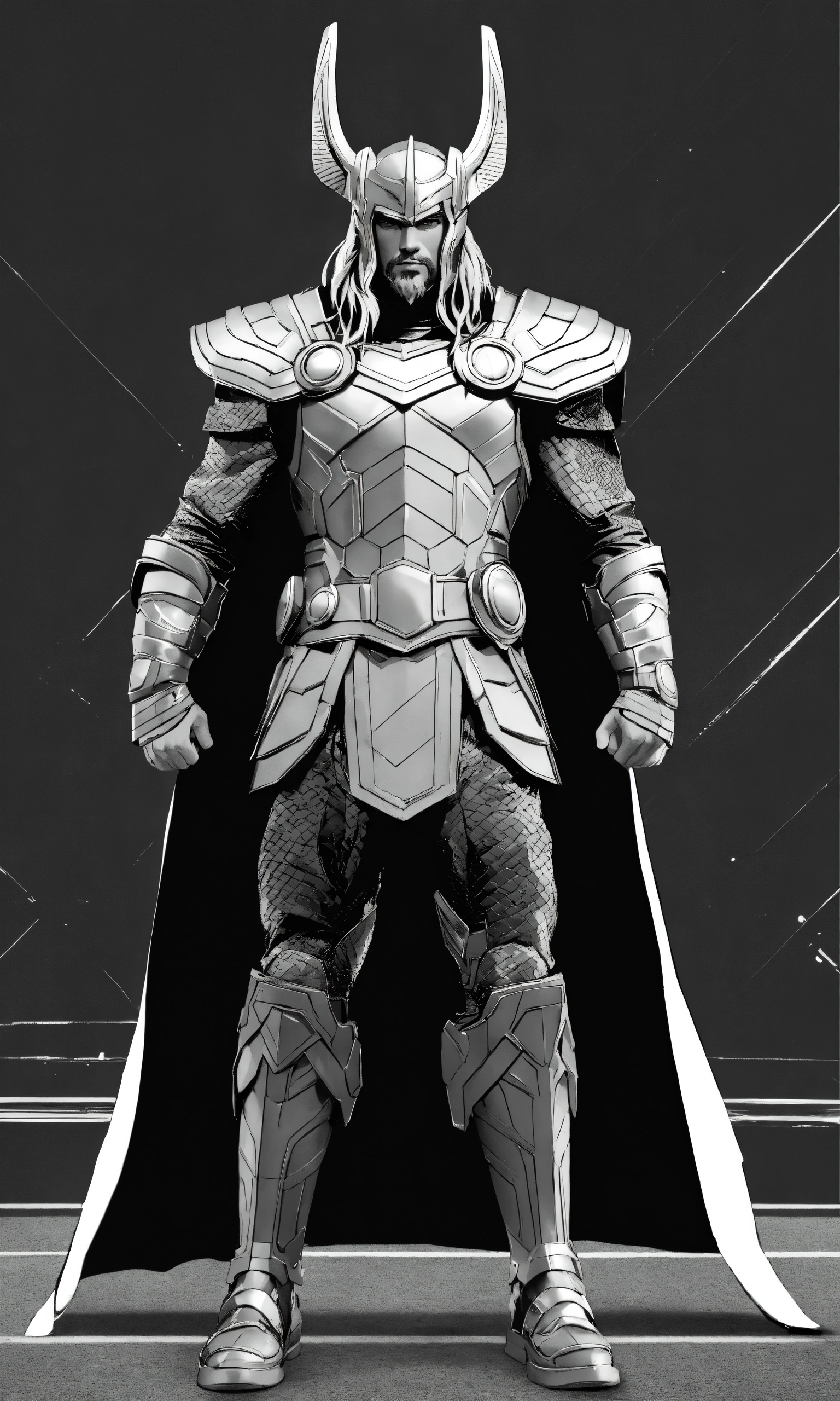 Lexica - In 1800 Thor stands on the street full-body, black and white ...