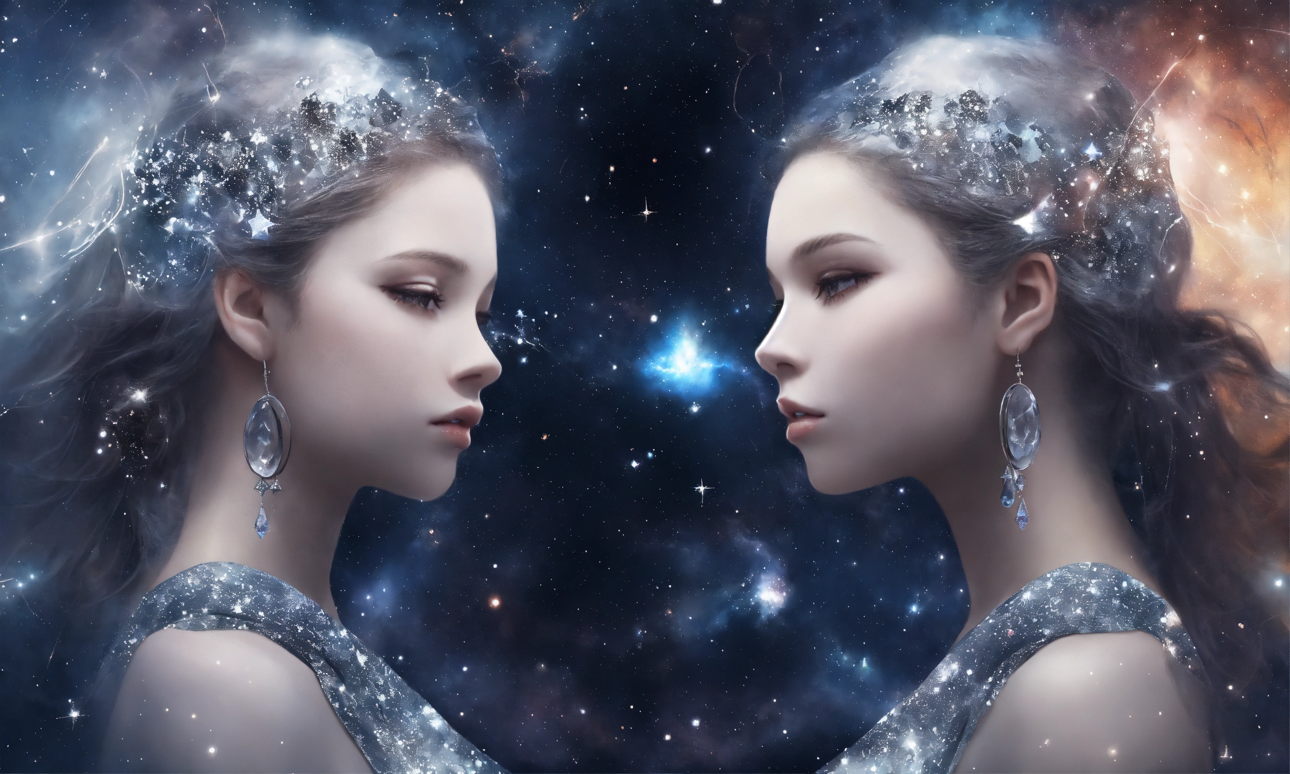 Lexica - Two girls twins, zodiac sign, white, silver, universe nebula ...