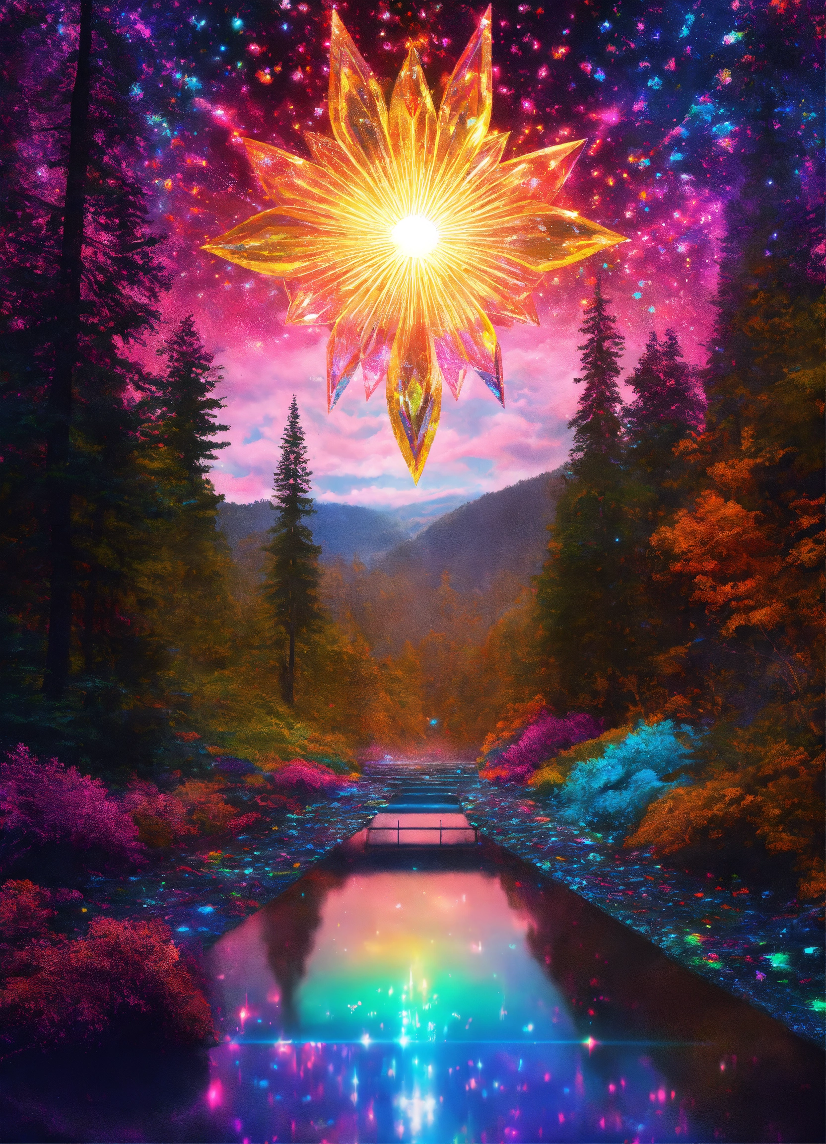 Lexica - Sun flying made of diamonds and glitter black rainbow neon ...