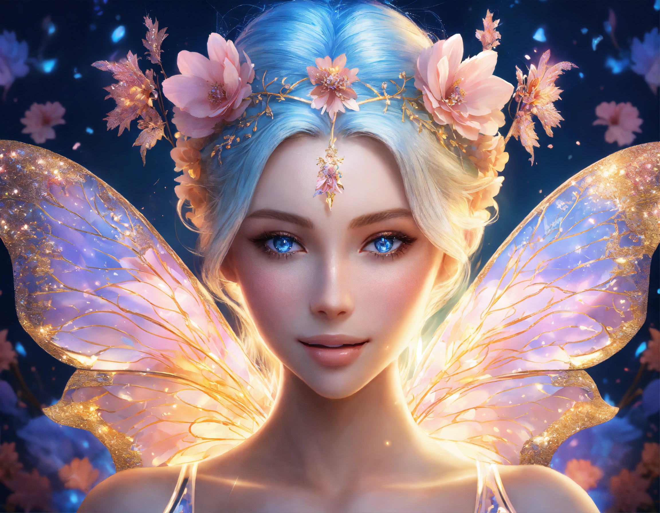Lexica - Symmetry, beautiful floral and glitter fairy, smiling, hyper ...