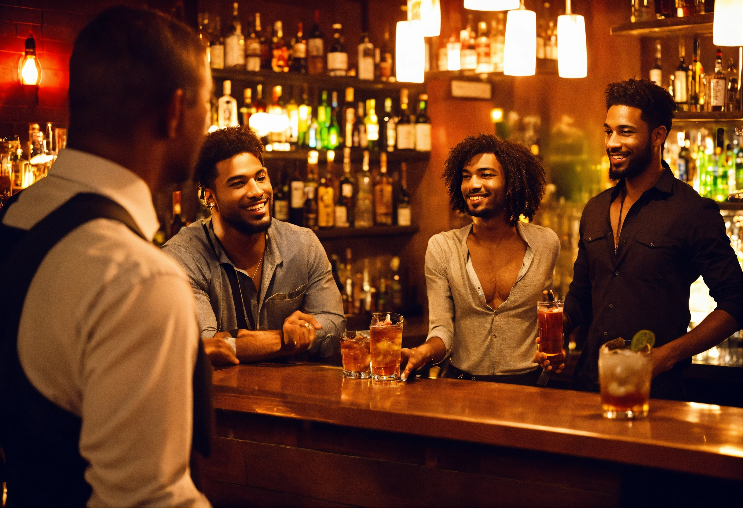 Lexica - Diverse group of men at a Bar with pretty bartender