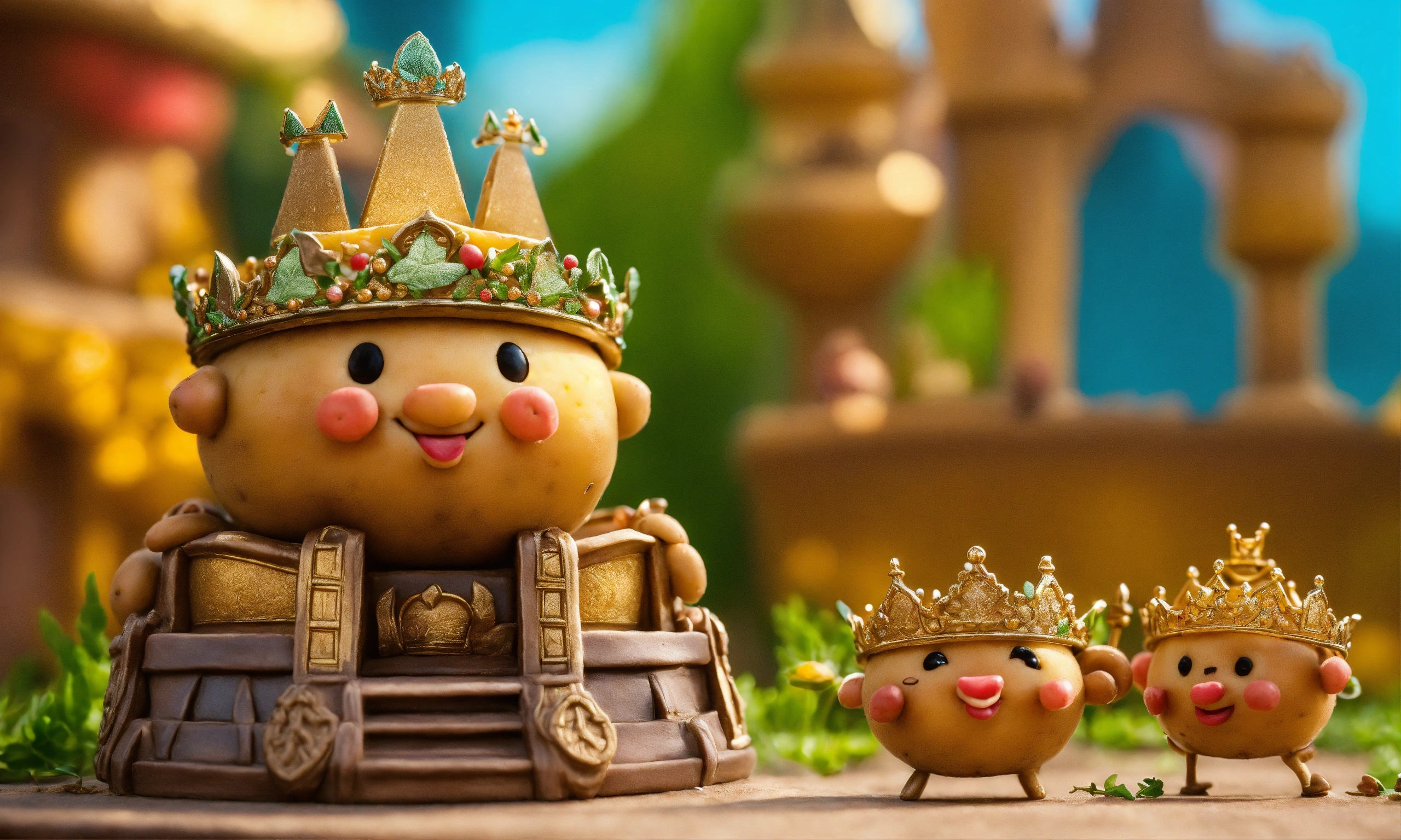 Lexica - Realistic Tiny potato kings wearing majestic crowns, sitting ...
