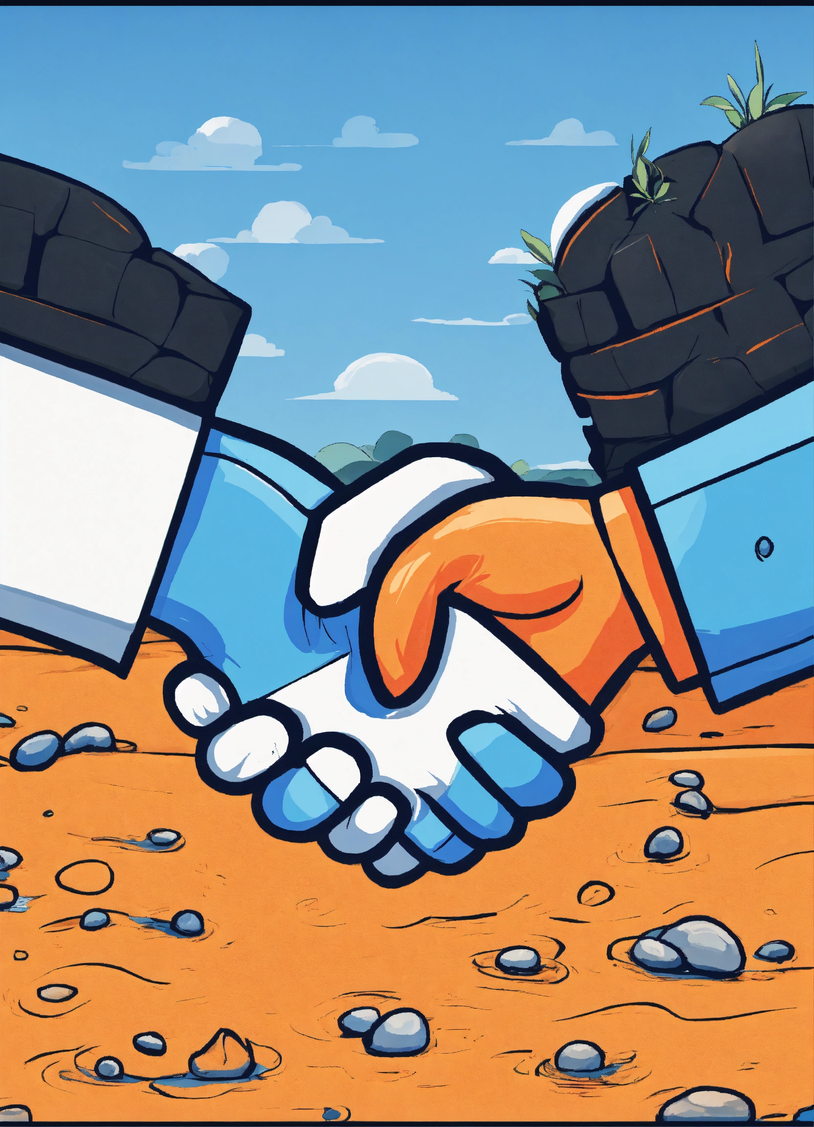 Lexica - Handshake cartoon style, color blue-white, orange, black