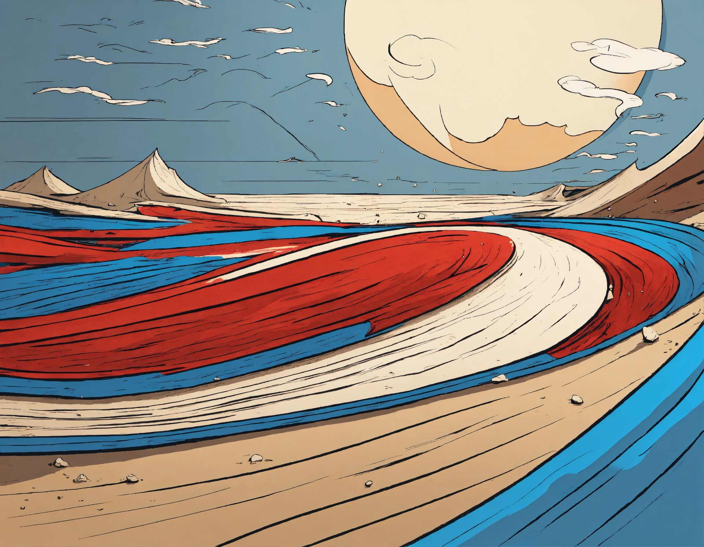 Lexica - Paper in the sand. Comic book style, color white blue and red