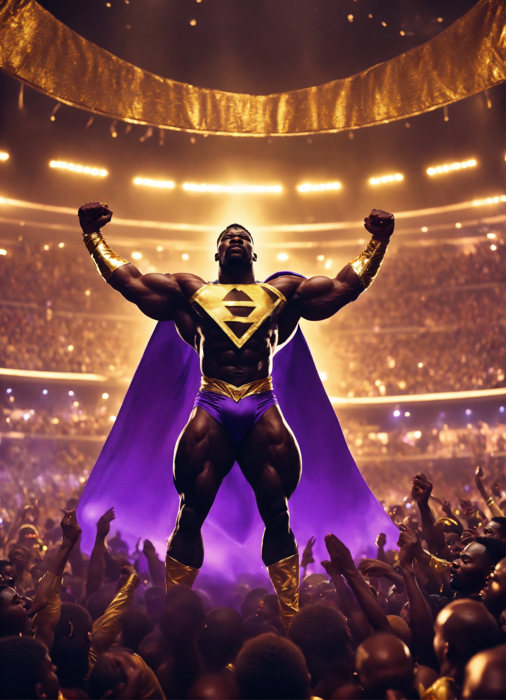 Lexica - An image of a caped huge bodybuilder African superhero wearing ...