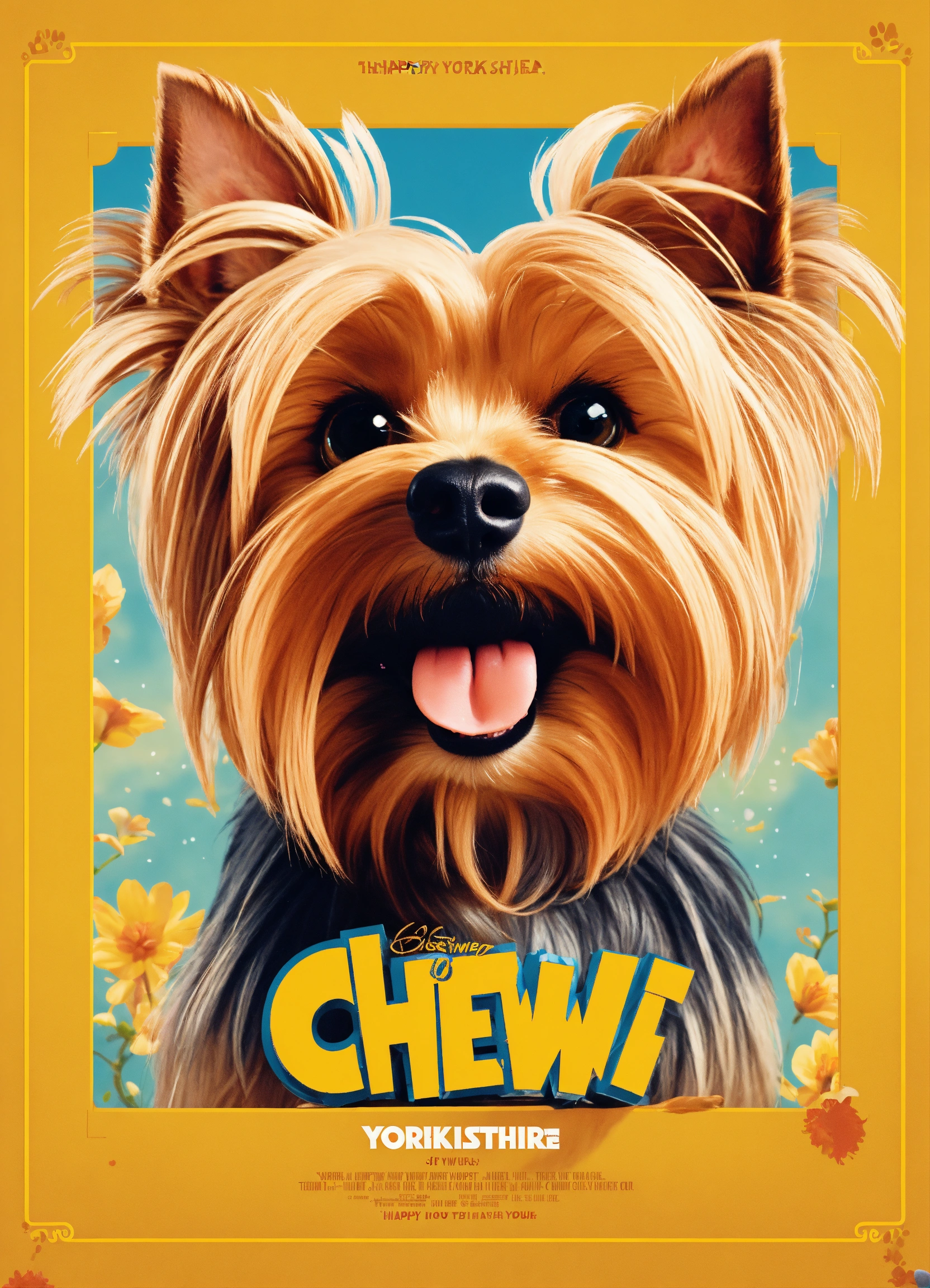 Lexica - Happy yorkshire terrier dog, title of the movie CHEWIE, in ...