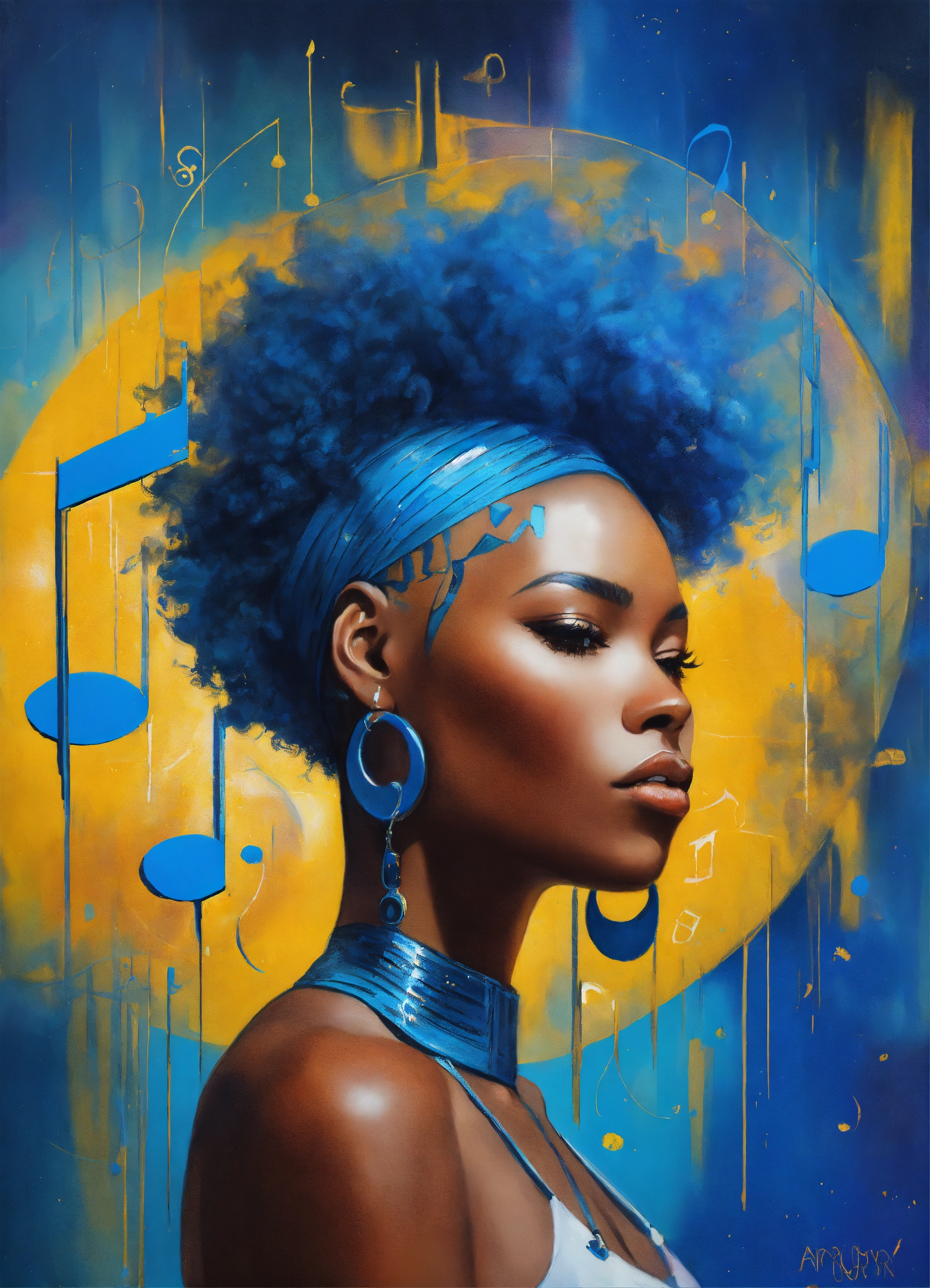 Lexica - A beautiful woman with blue hair and music notes, an airbrush ...