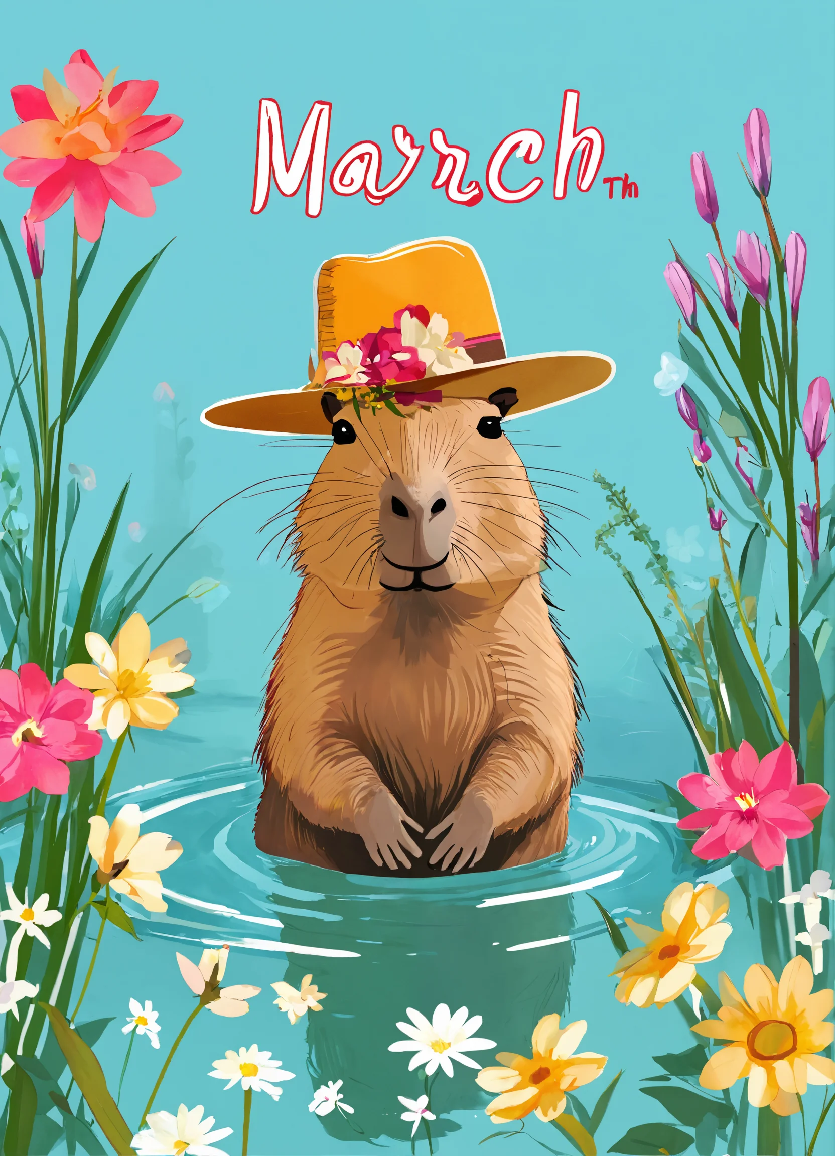 Lexica - A greeting card for March 8th. A capybara in a hat. Pond. Flowers