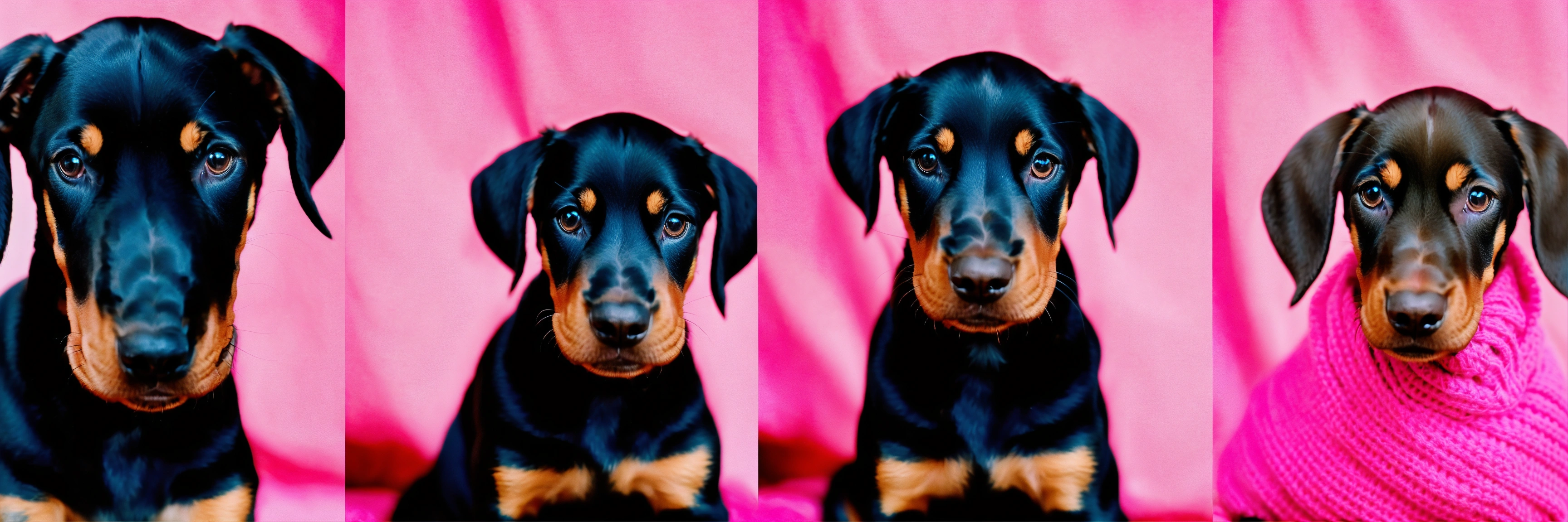 Lexica - 2 doberman pinchers puppies wearing a wool pink sweater