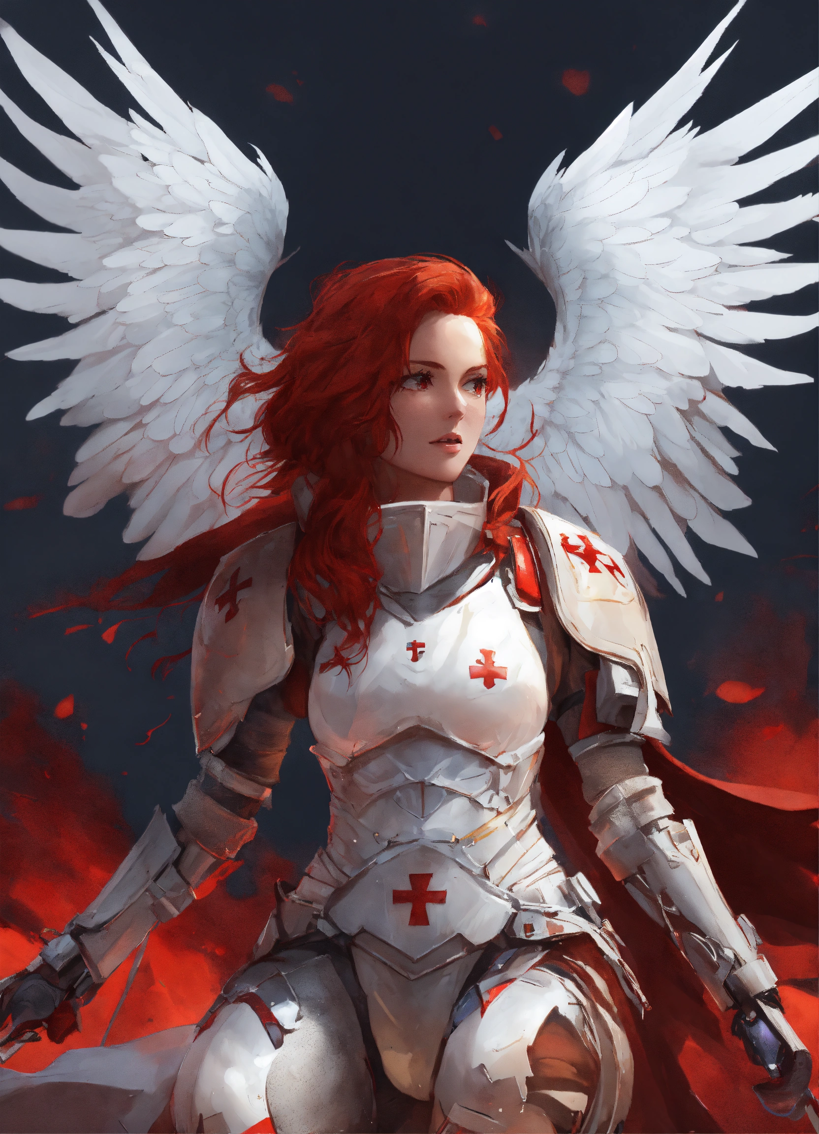 Lexica - Female athletic red hair wearing white metal armor with red ...