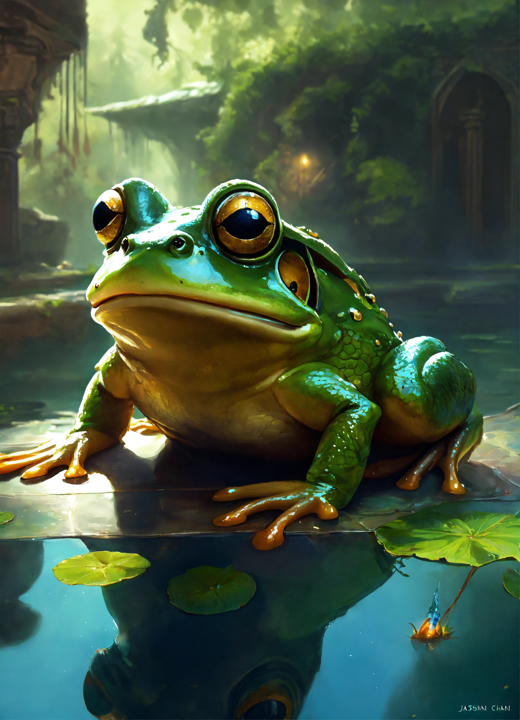 Lexica - “giant frog with tusks in its mouth, sitting on a pool of ...