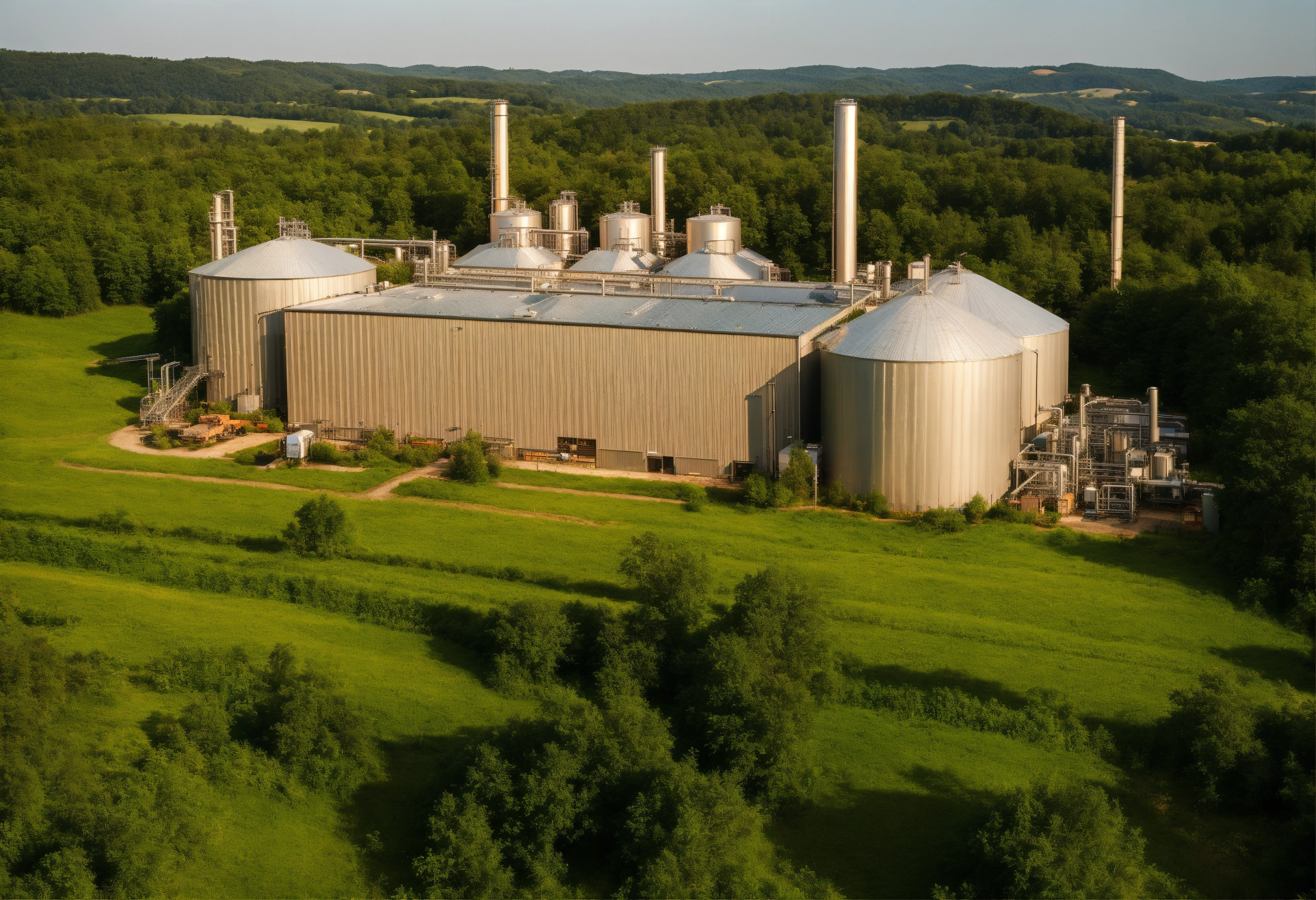Lexica - Photo of a brewery style factory in a green nature landscape ...