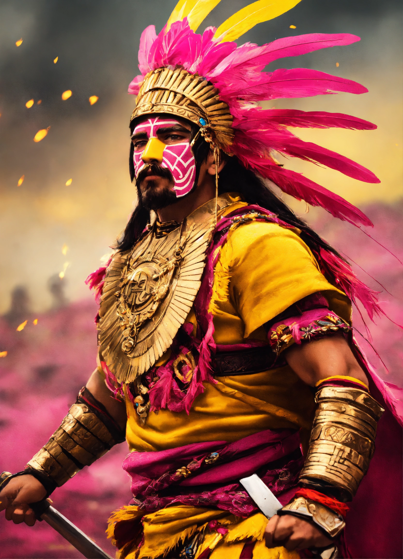 Lexica - An aztec priest warrior in yellow and pink fighting ...