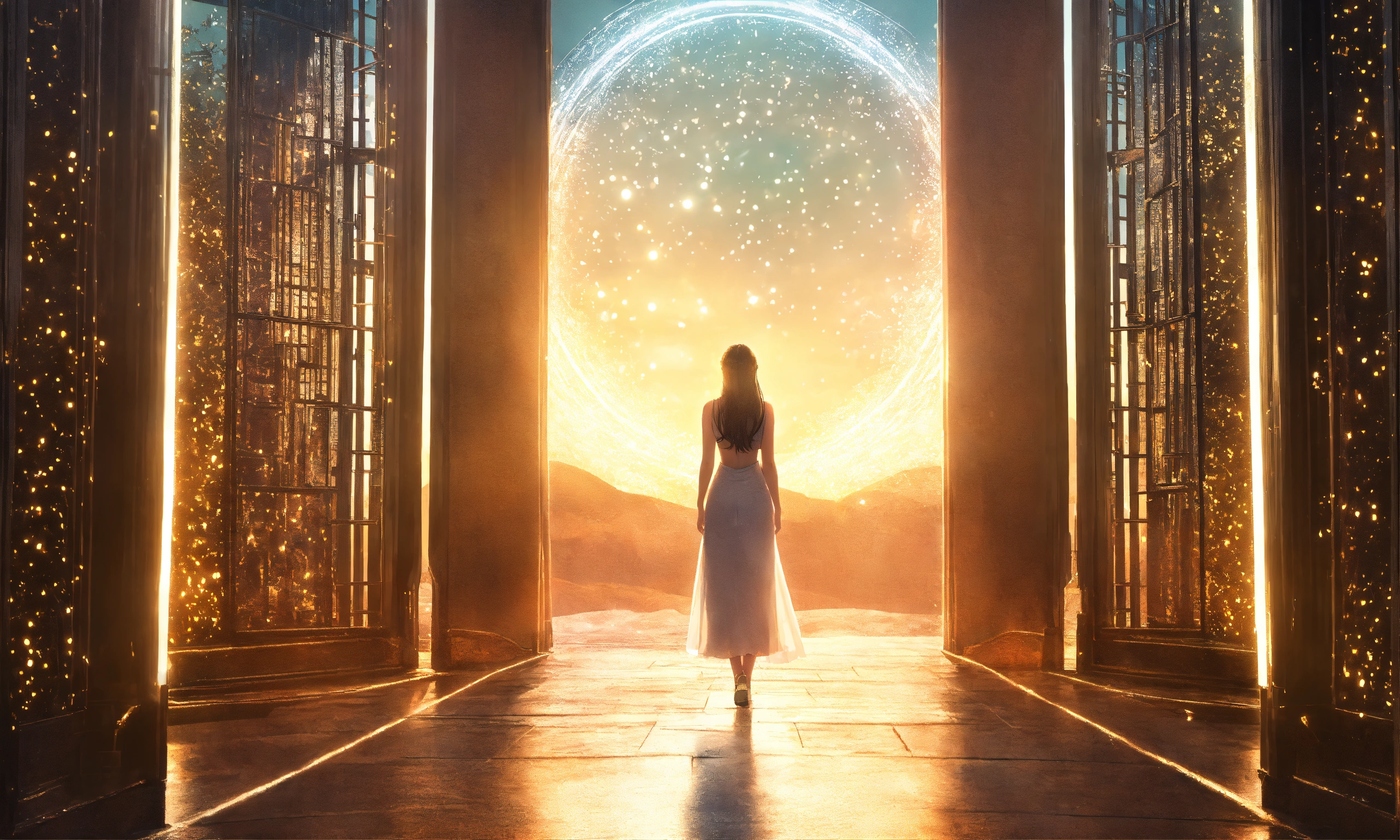 Lexica - Create an image of a woman from behind. five portals gates and ...