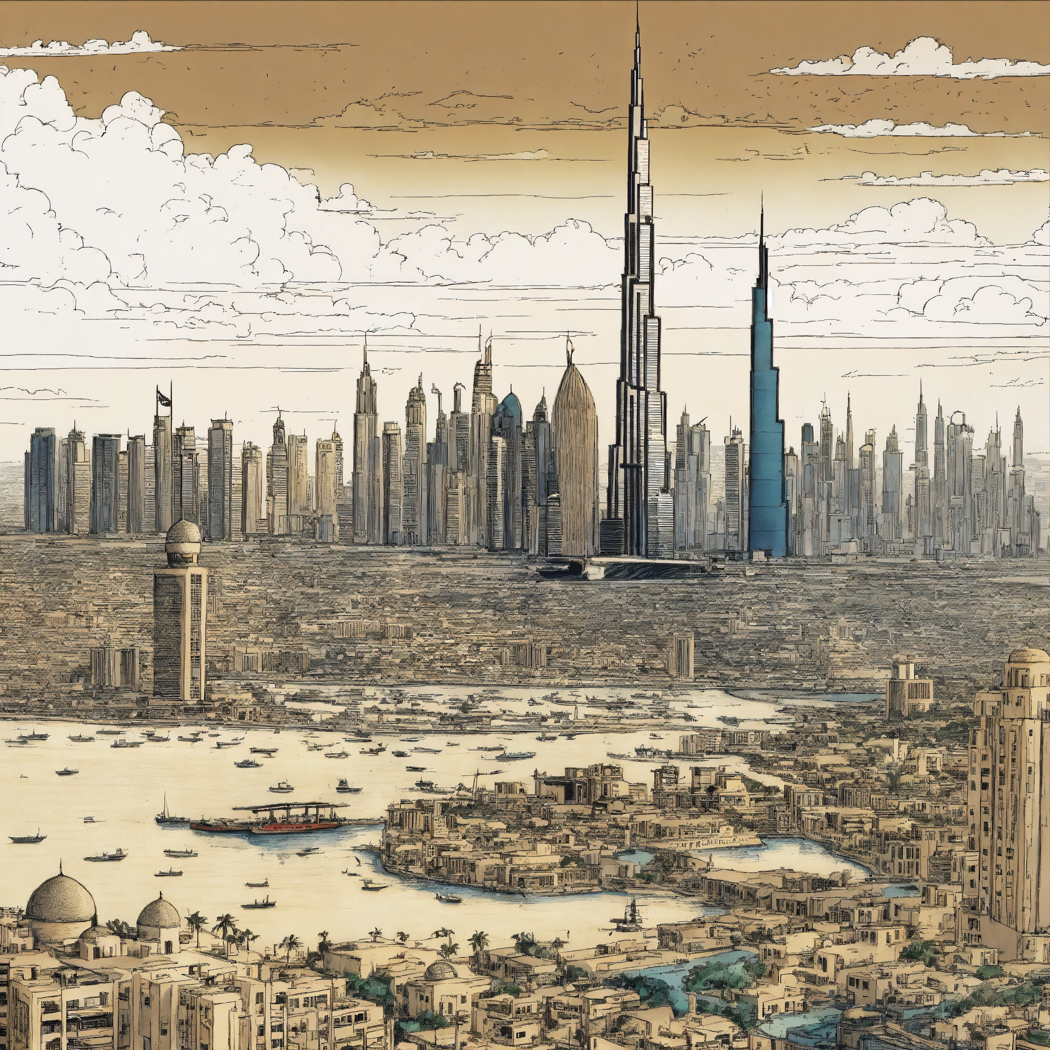 Lexica - Stunning Dubai skyline, illustrated by hergé, style of tin tin ...