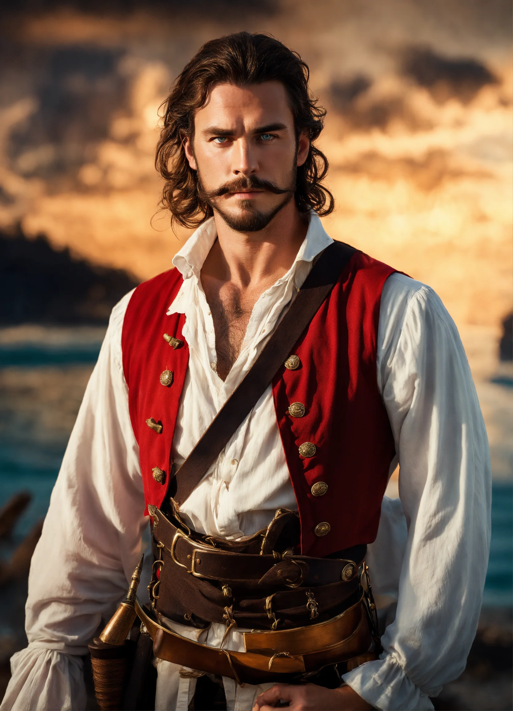 Lexica - An adult male pirate with long swept back brown hair, light ...
