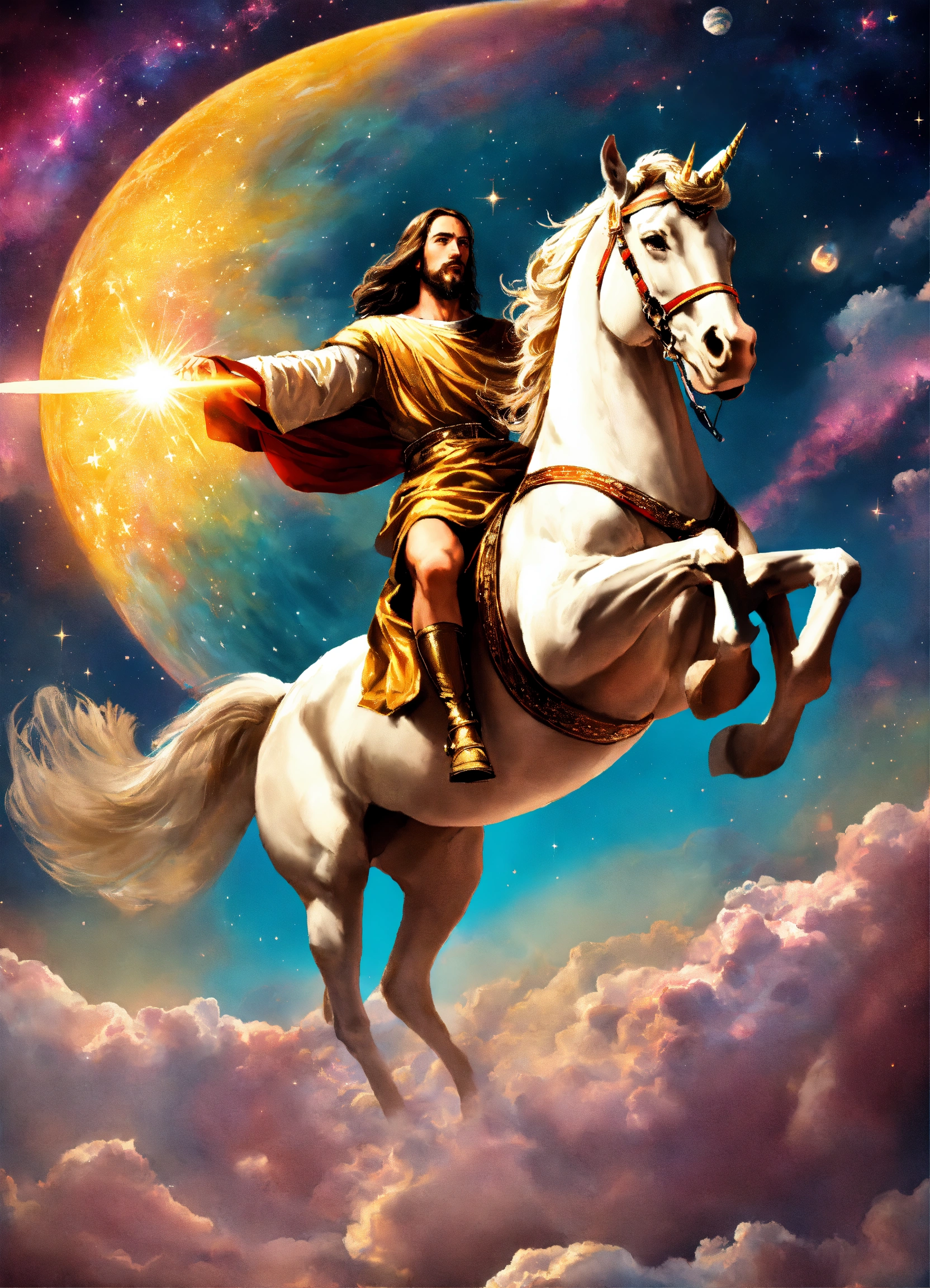 Lexica - Jesus Christ in outer space riding a large unicorn