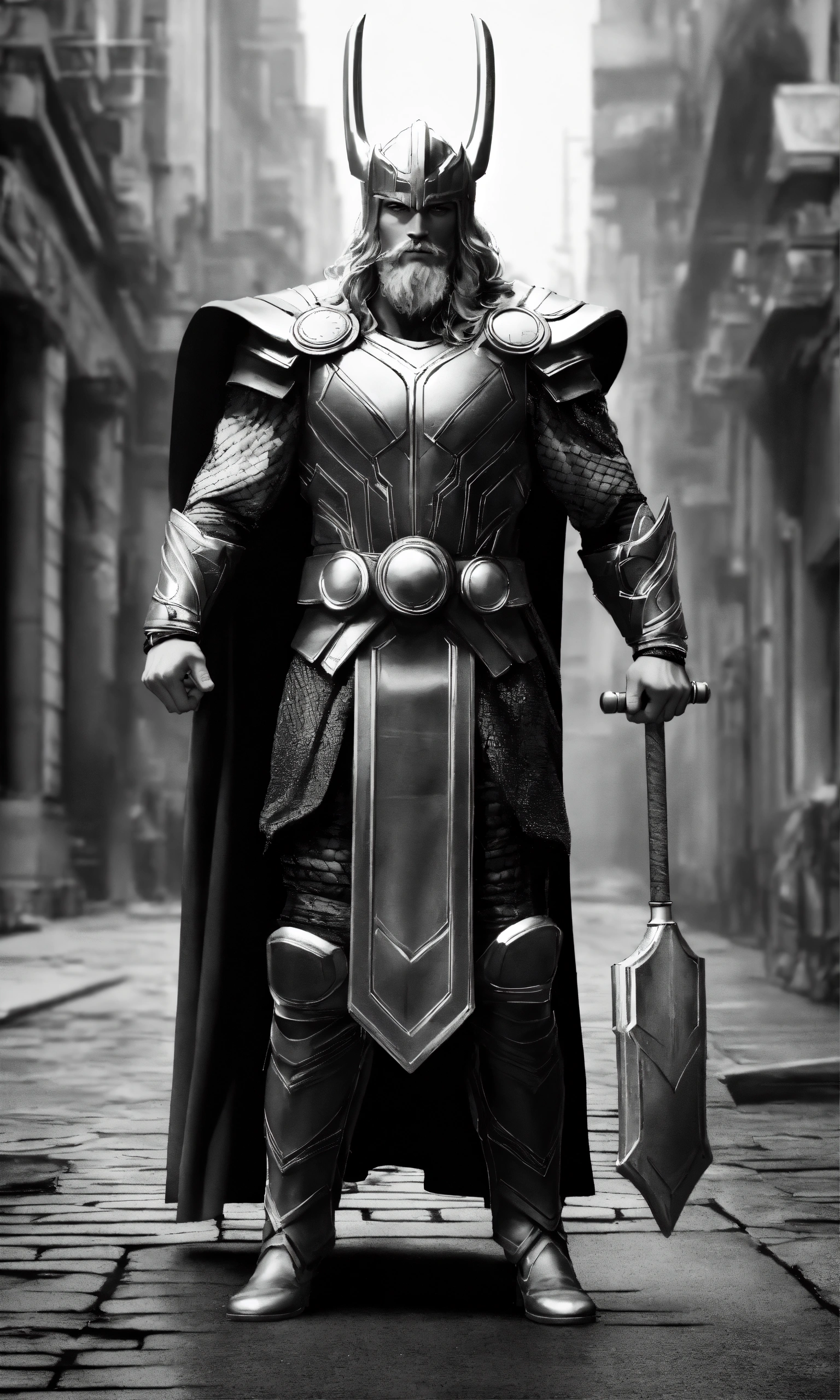 Lexica - In 1800 Thor stands on the street full-body, black and white ...