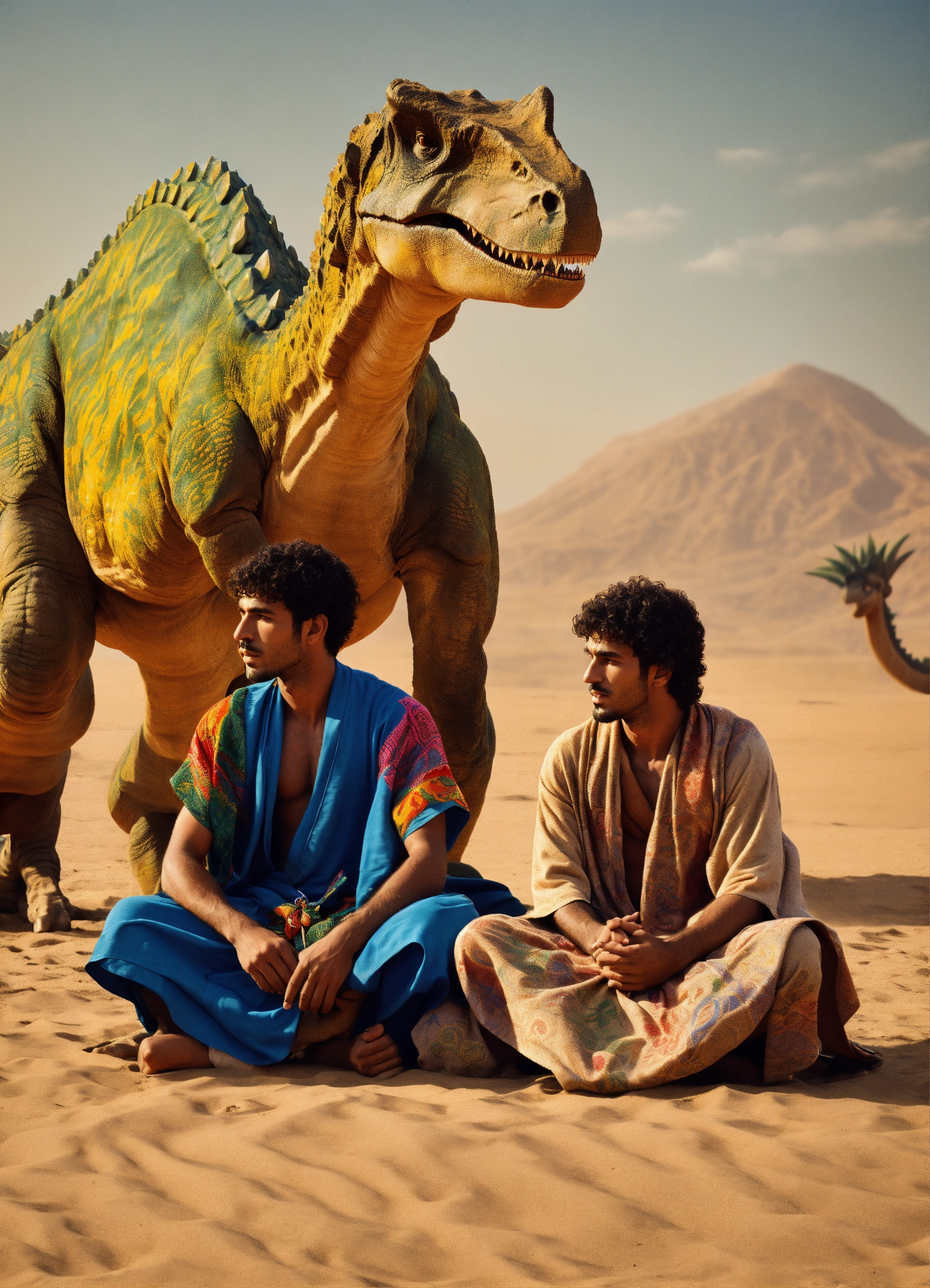 Lexica - "Two young men sit in a barren desert, wearing colorful ...