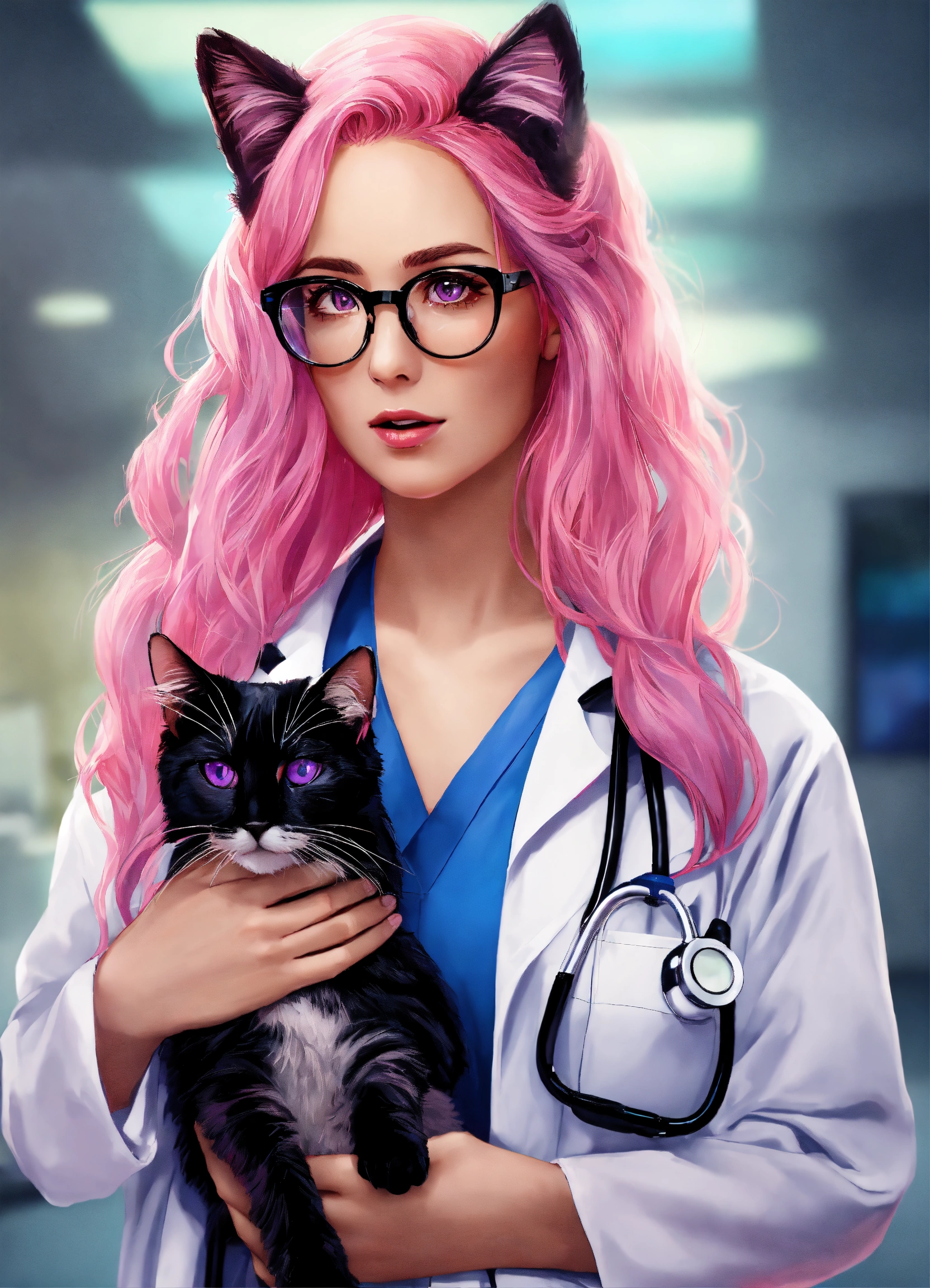 Lexica - Female doctor in doctor clothes with long pink hair with a cat ...