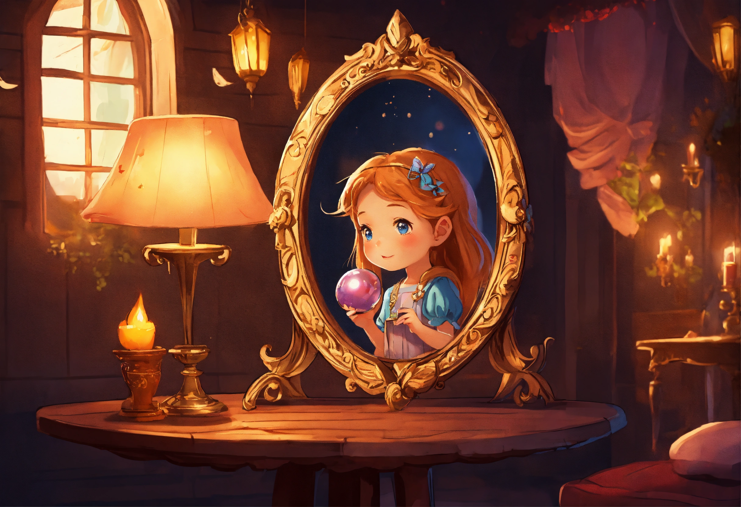 Lexica - Cartoon fairy taie style image small mirror in hand little ...