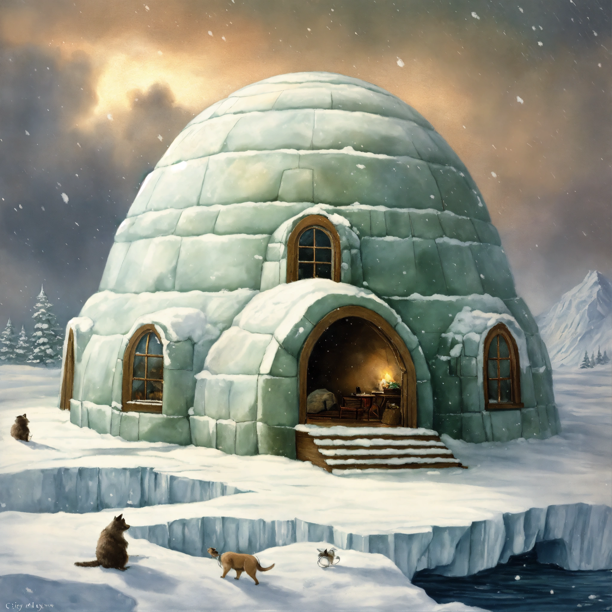 Lexica - A detailed illustration of a igloo on a floating iceberg in a ...