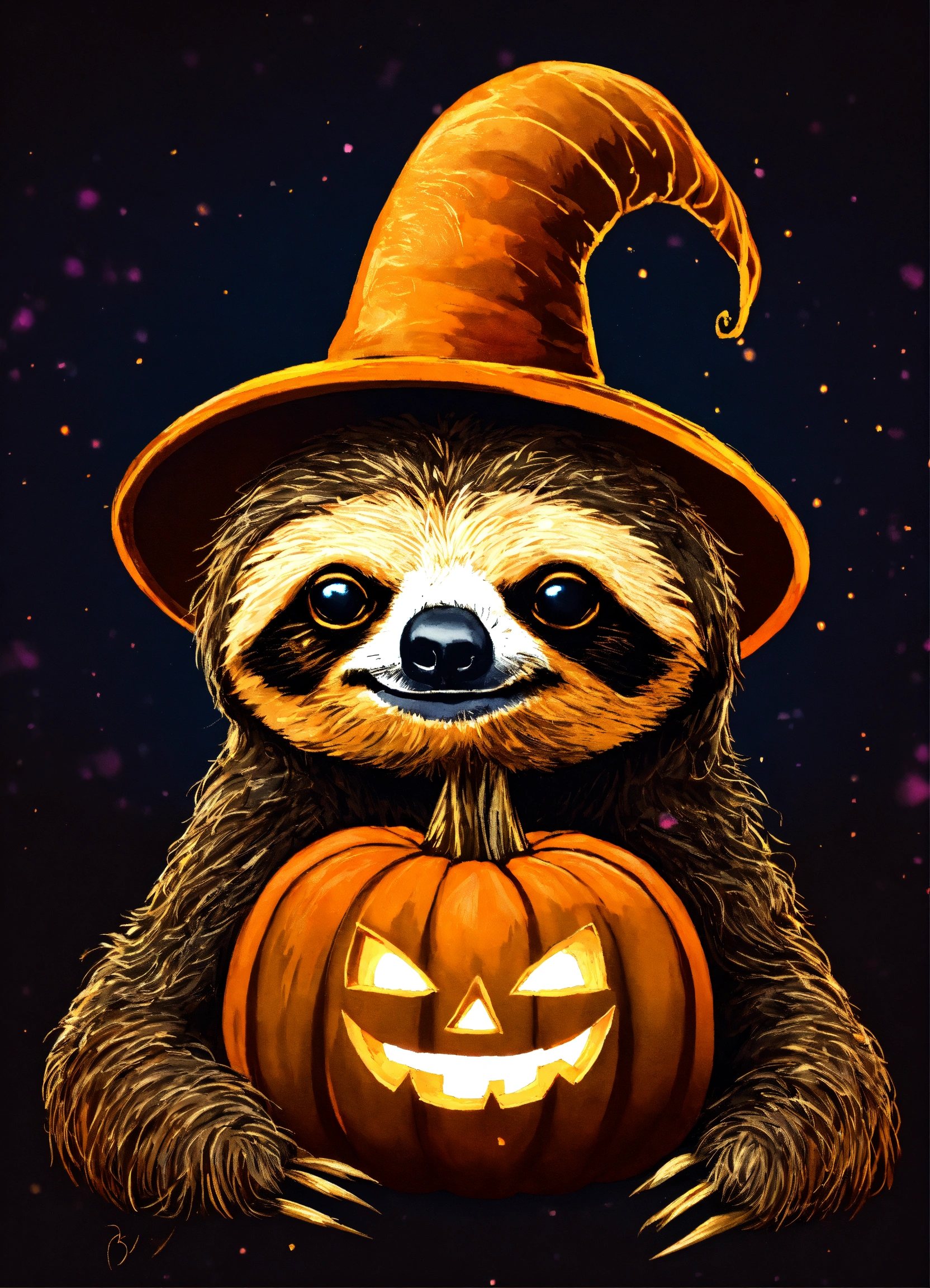 Lexica - Spooky sloth with orange eyes wearing a witches hat, carved ...