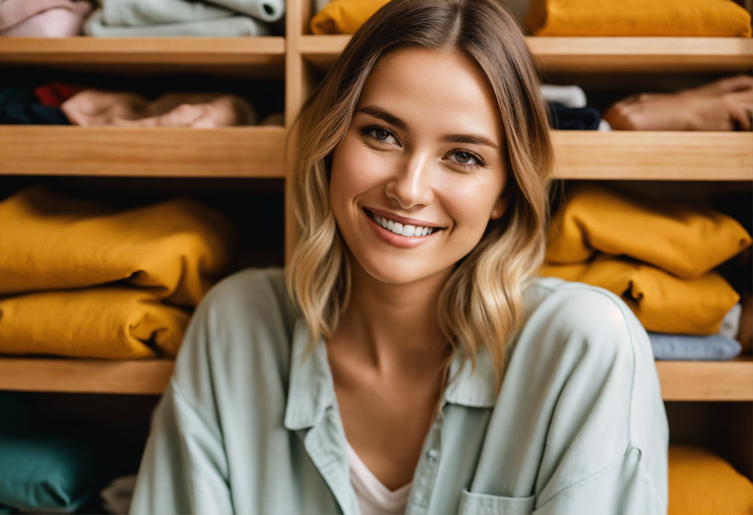 Lexica - A close-up of a smiling 30-year-old trendy woman in a neatly organized minimalist ...